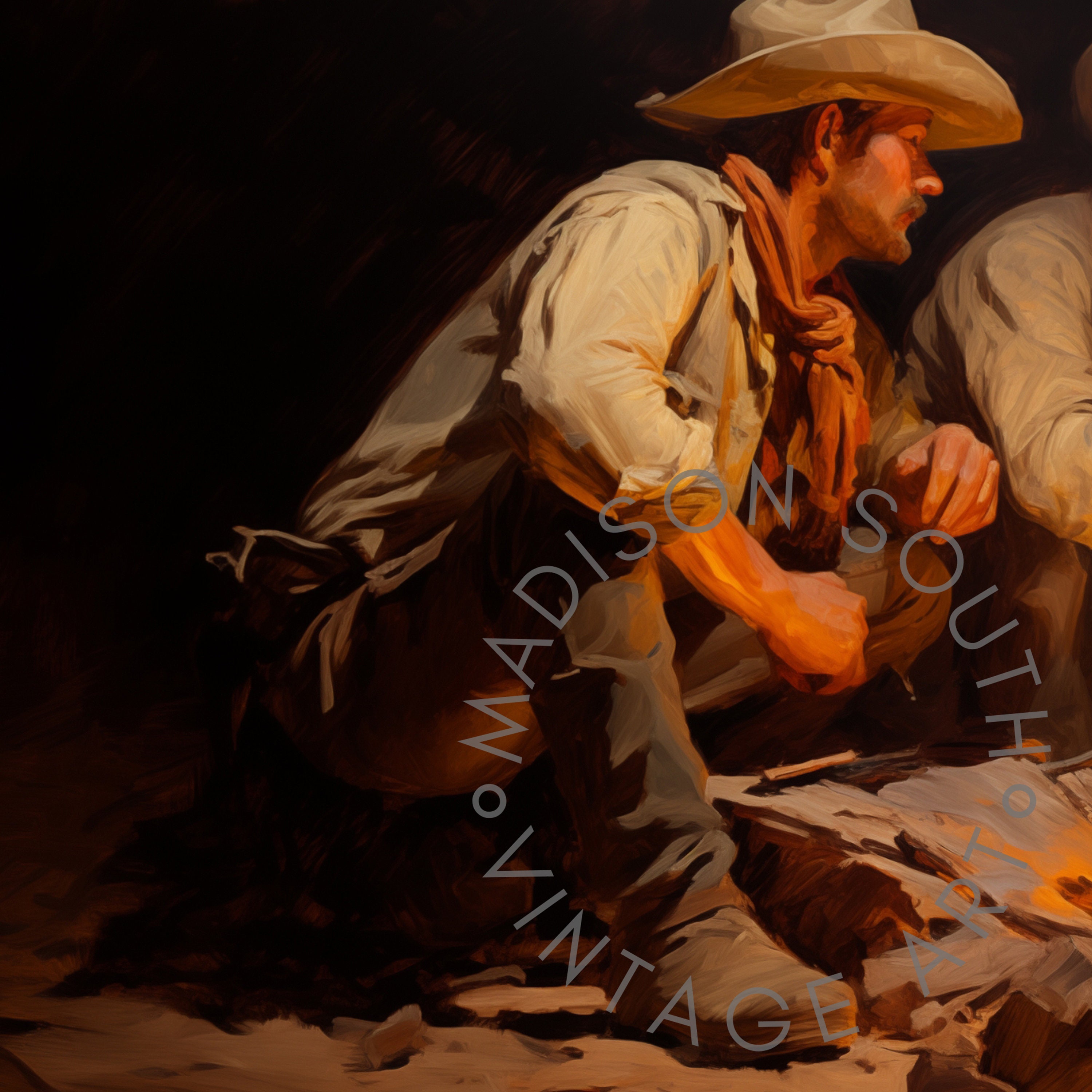 Art Print Digital Download | Cowboys Around A Campfire Vintage Painting ...