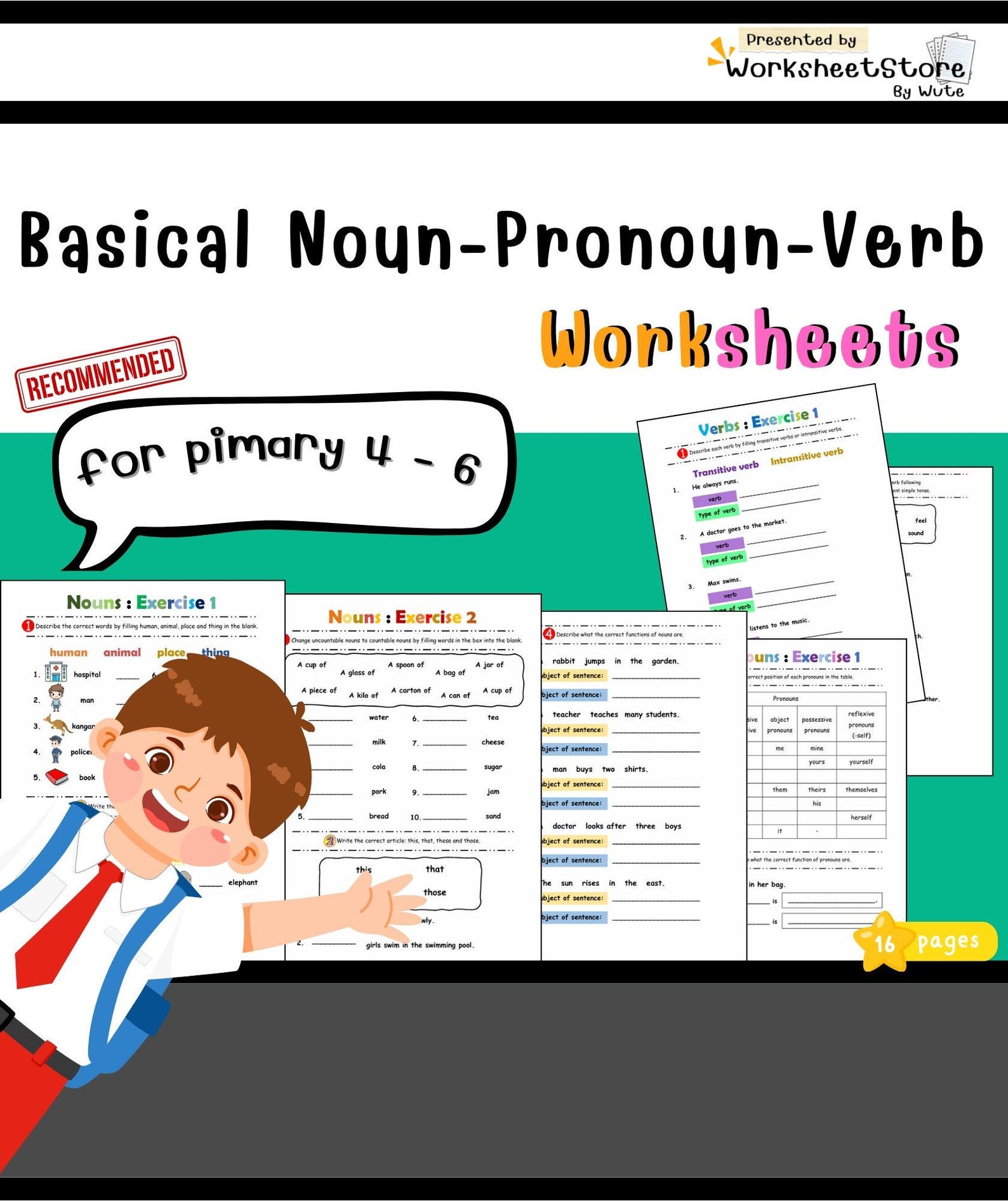 Basical English Noun-pronoun-verb Worksheets - Etsy