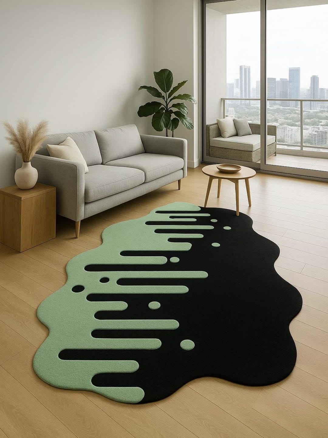 Irregular Shape Rug – Green Black Modern Drip Design Handmade Wool ...