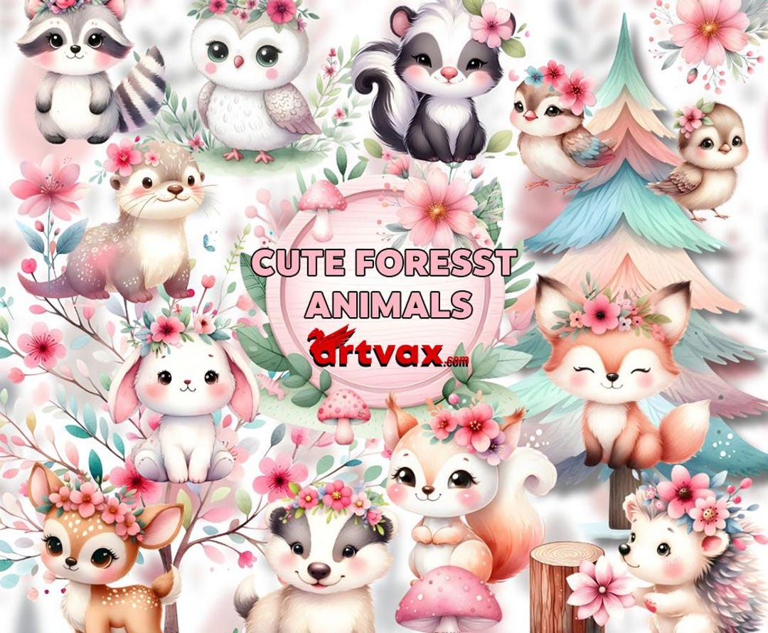 Cute Forest Animals PNG Bundle | Woodland Creatures Clipart | Floral ...