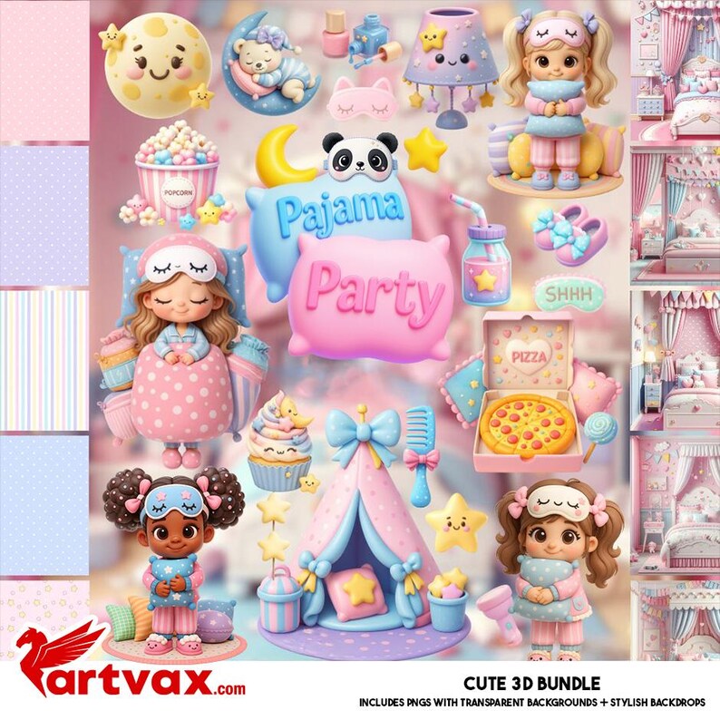 Pajama Party Clipart Bundle | Cute 3D Girls Sleepover PNG | Slumber ...