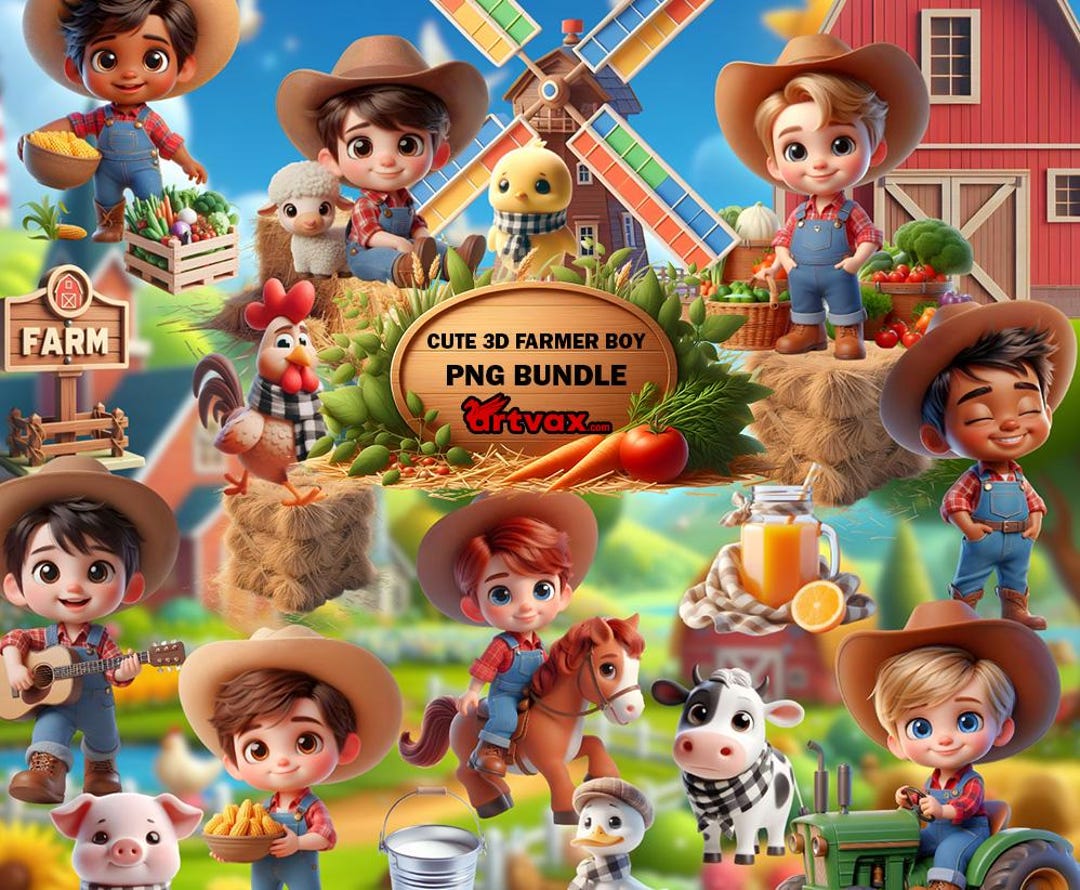 Cute 3D Farmer Boy PNG Bundle | Farm Life Kids Clipart Set | Barnyard ...
