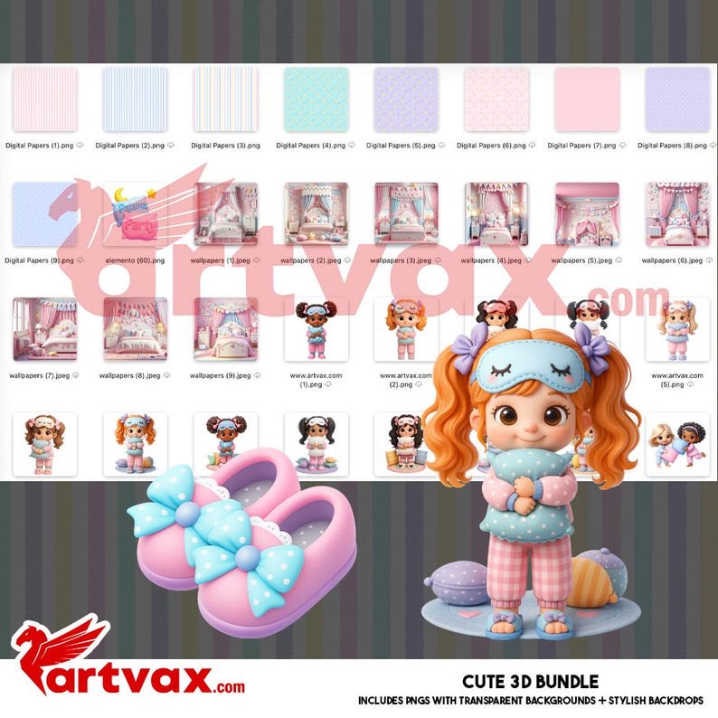 Pajama Party Clipart Bundle | Cute 3D Girls Sleepover PNG | Slumber ...