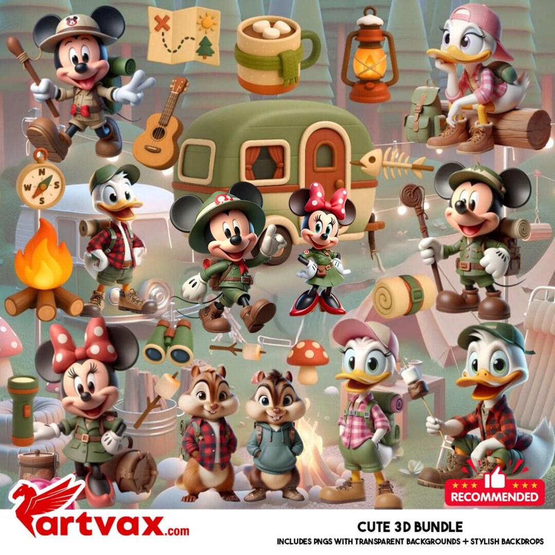 Mickey Camping Mouse Clipart Bundle | Cute 3D PNG Minnie, Donald, Daisy ...