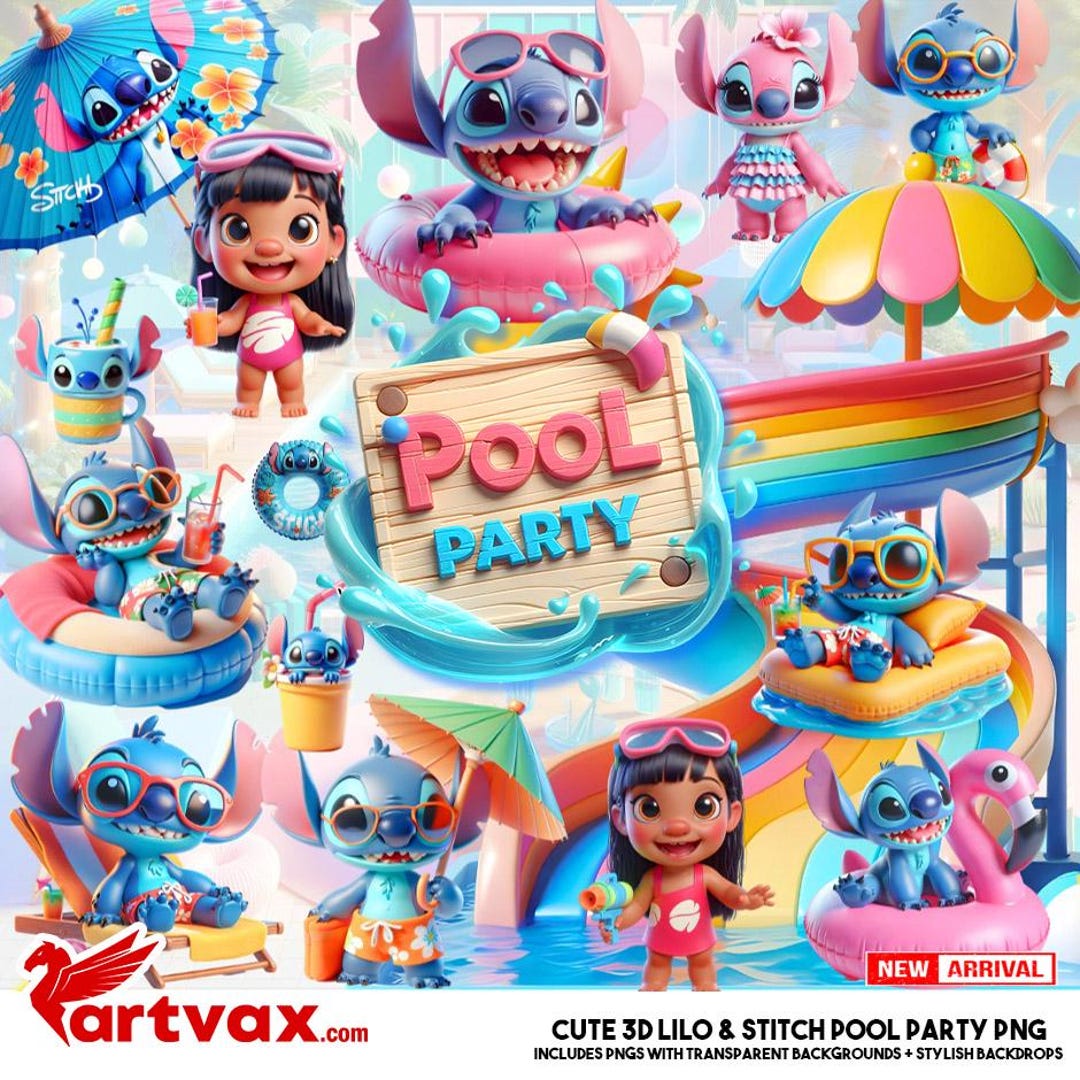 Cute 3D Lilo and Stitch Pool Party PNG Bundle | Summer Clipart for ...