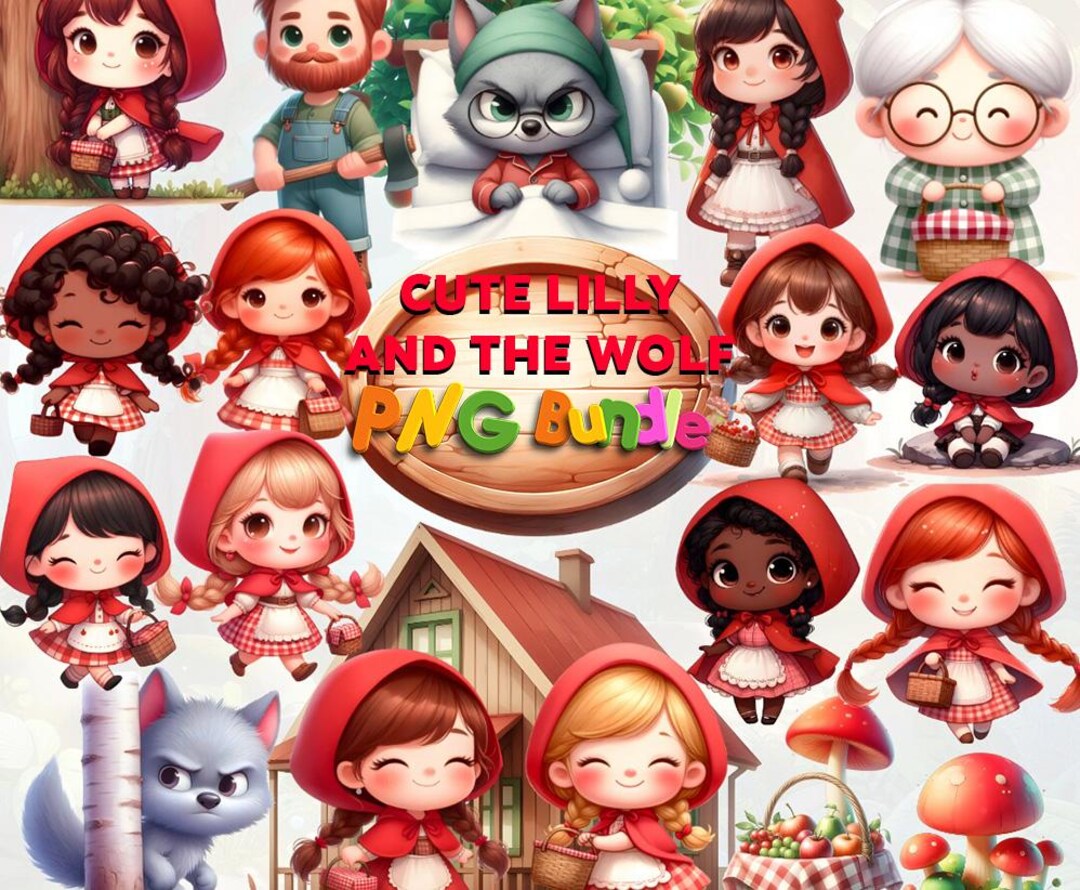 Cute Little Red Riding Hood and Wolf PNG Bundle | Fairytale Clipart Set ...