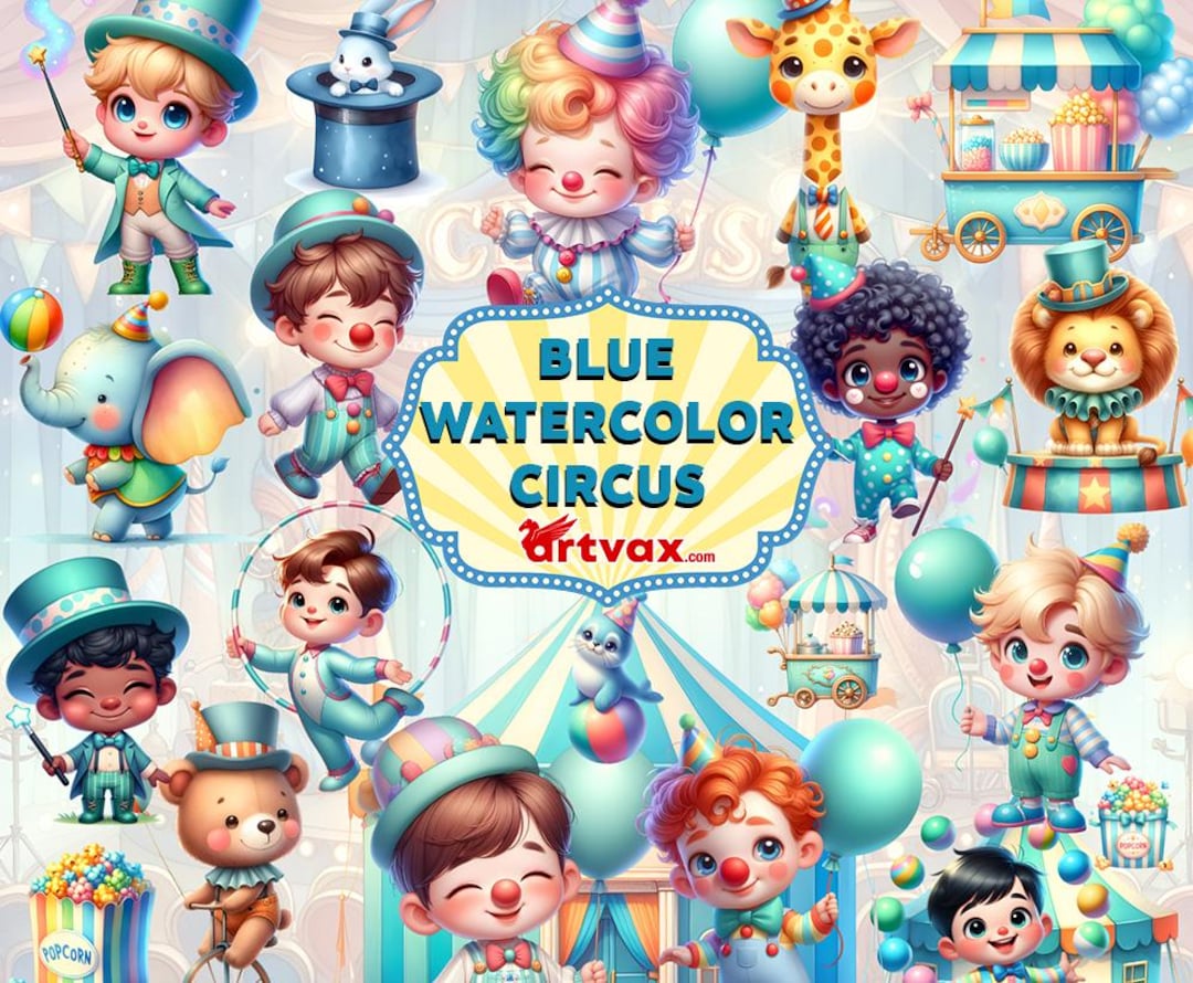Blue Watercolor Circus Clipart Bundle | Cute Circus Animals & Performer ...