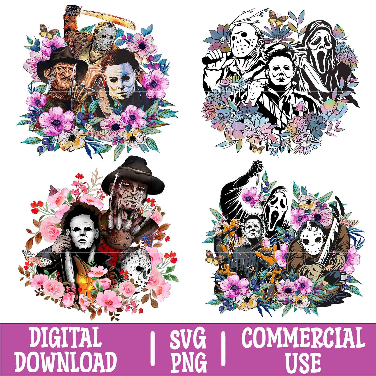 Floral Horror Characters Bundle Png, Halloween Png, Horror Movies Png ...