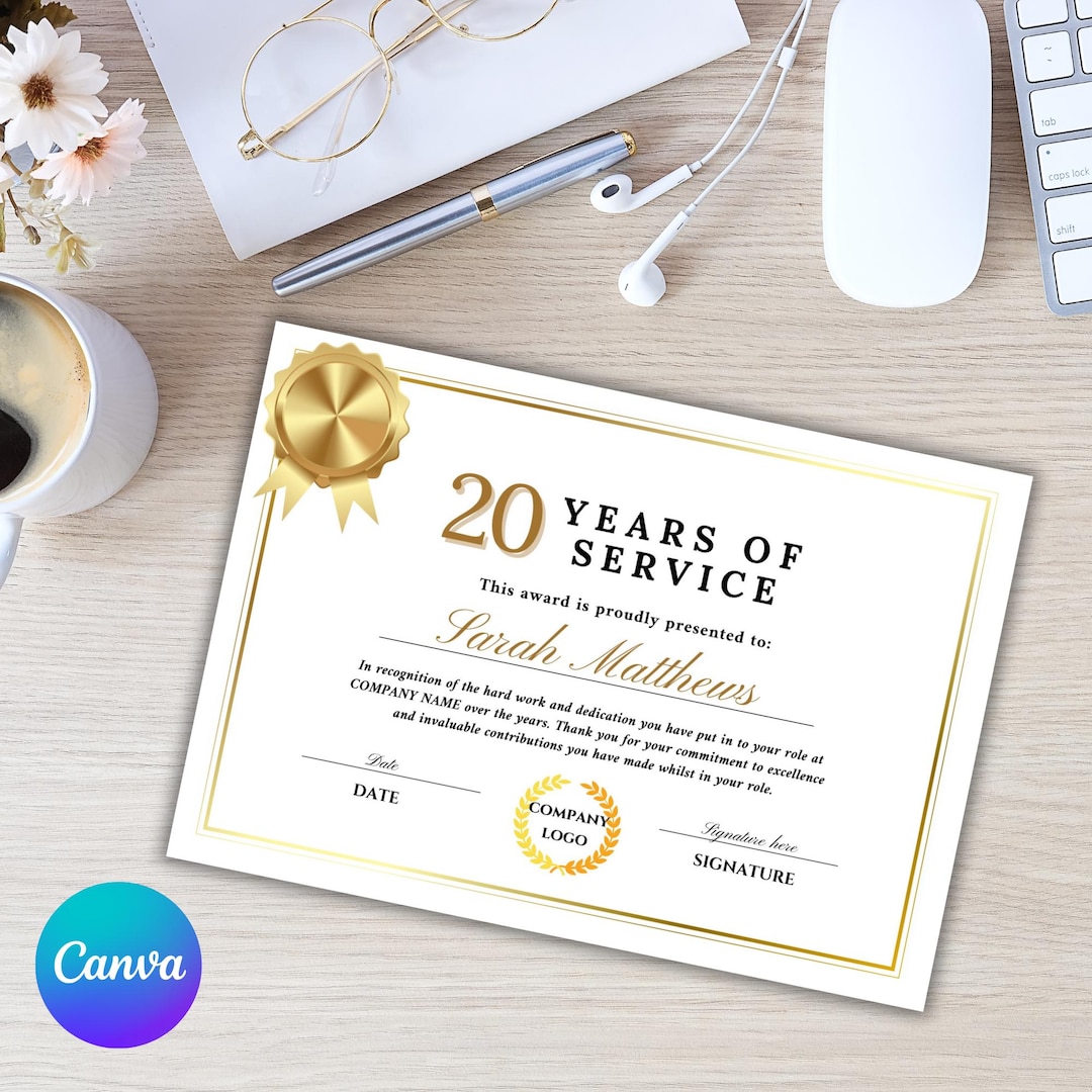 Editable Years of Service Certificate, Printable Certificate, Employee ...