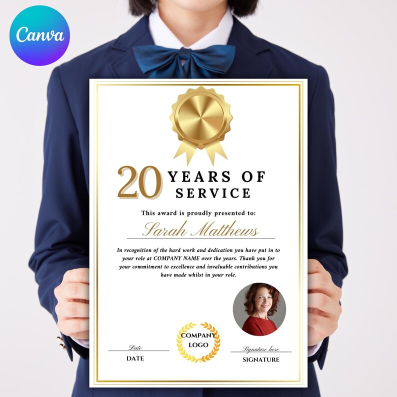 Editable Years of Service Certificate, Portrait, Printable Certificate ...