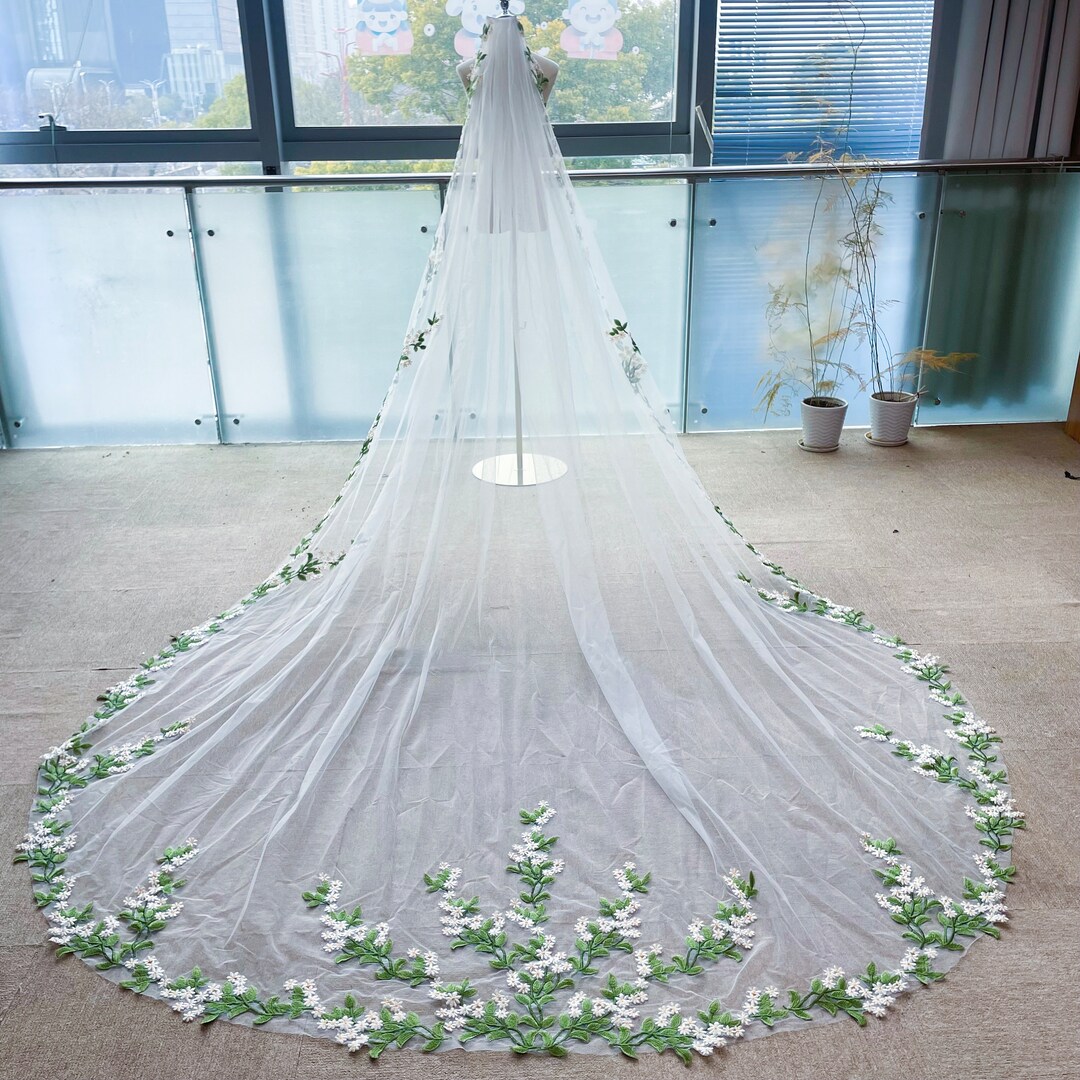 Cathedral Long Wedding Veil Lace Edge Green Leaf Lace Bridal Veil Daisy ...