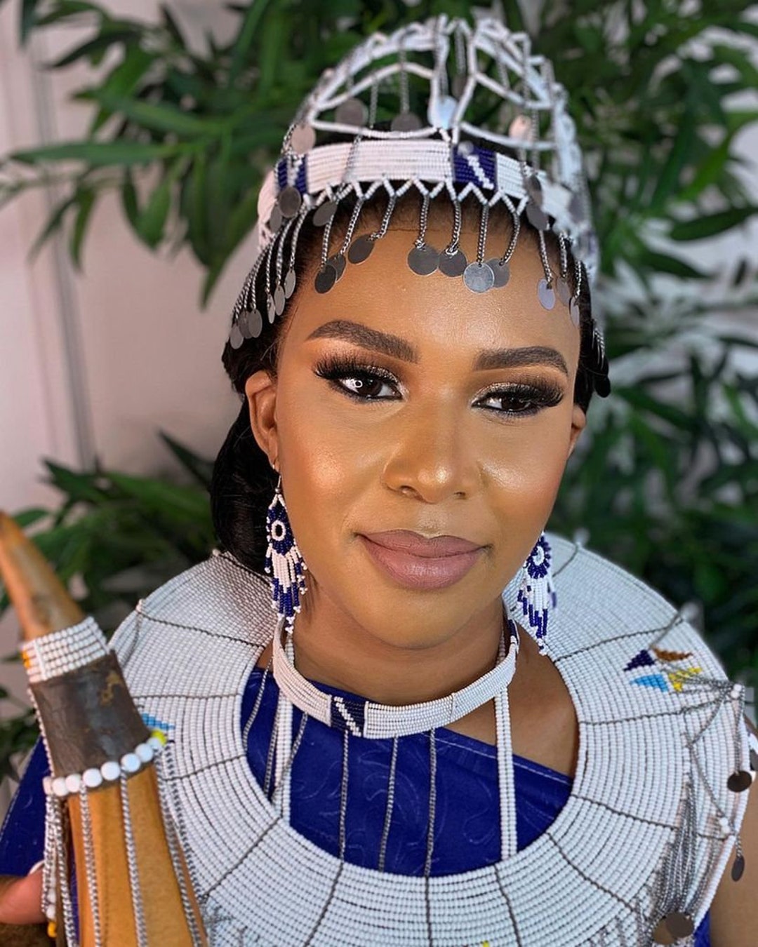 Maasai Bridal Set White Big Collar, Small Necklace, Earrings, Crown and ...