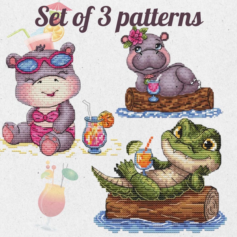 PDF Pattern for Digital Download, Cute Crocodile Hippo Cross Stitch, Summer Embroidery Decor ...