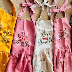 100% Pure Linen Apron, Hand Embroidered Apron Women, Flower Garden ...