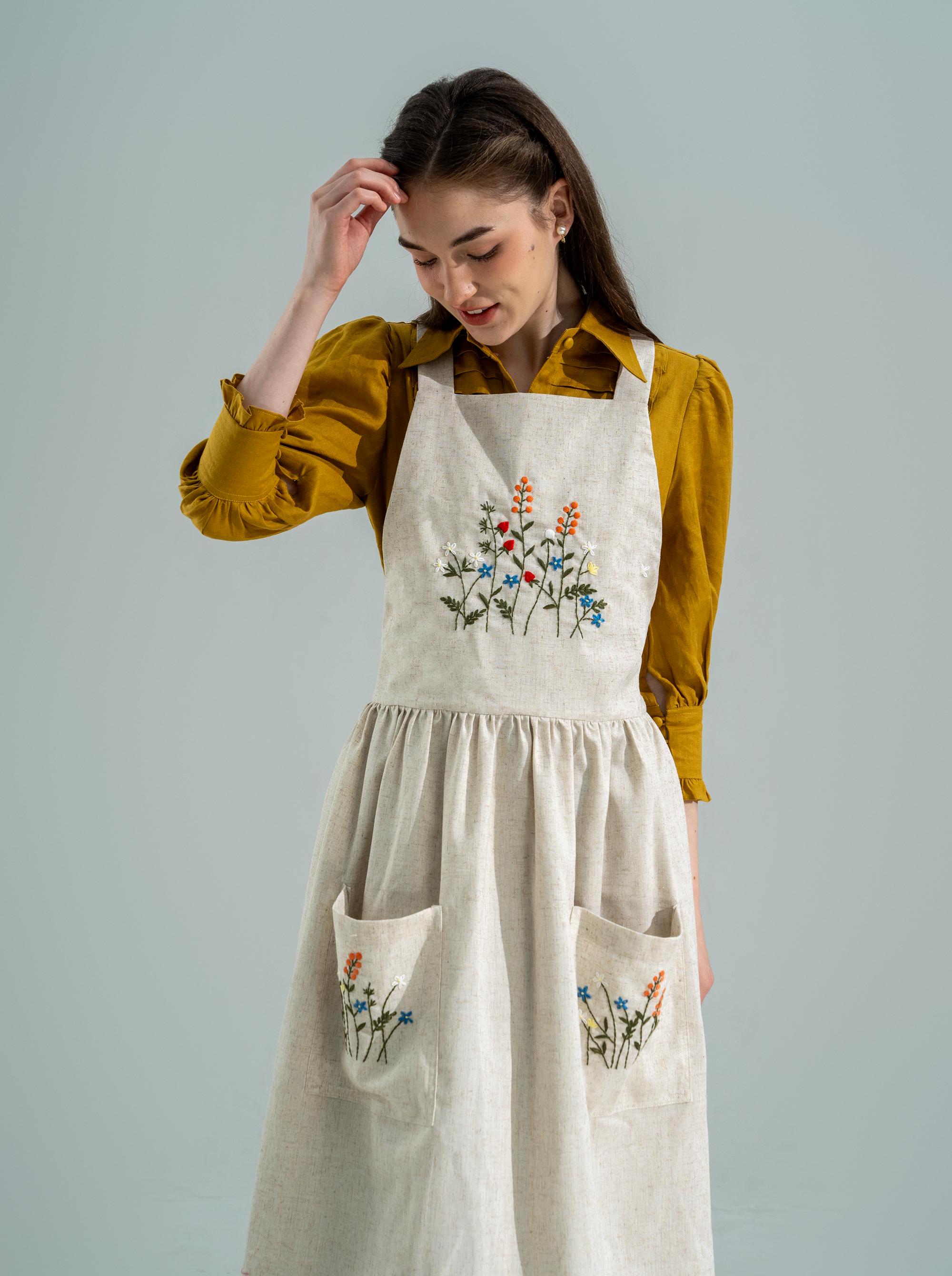 100% Pure Linen Apron, Hand Embroidered Apron Women, Flower Garden ...