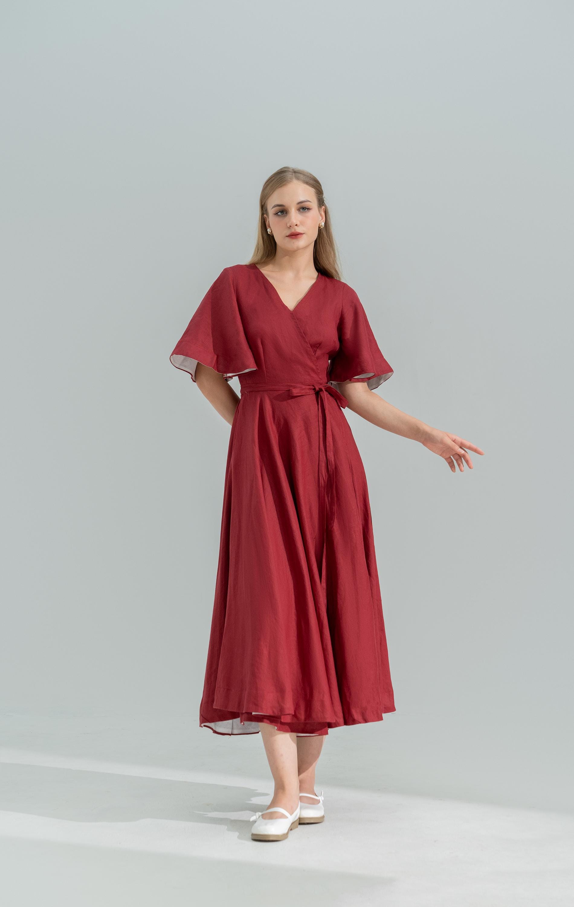Linen Midi Wrap Dress KATY Elegant Minimalist Dress Simple V-neck Prom ...