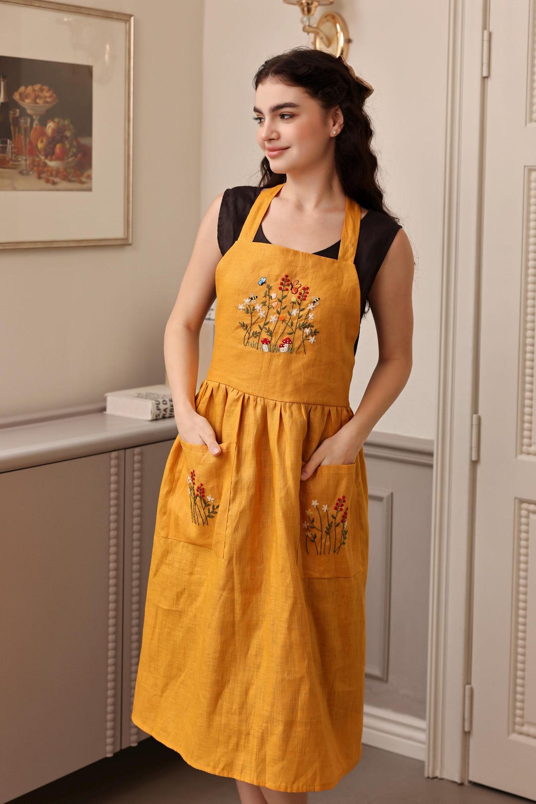 100% Pure Linen Apron, Hand Embroidered Apron Women, Flower Garden ...