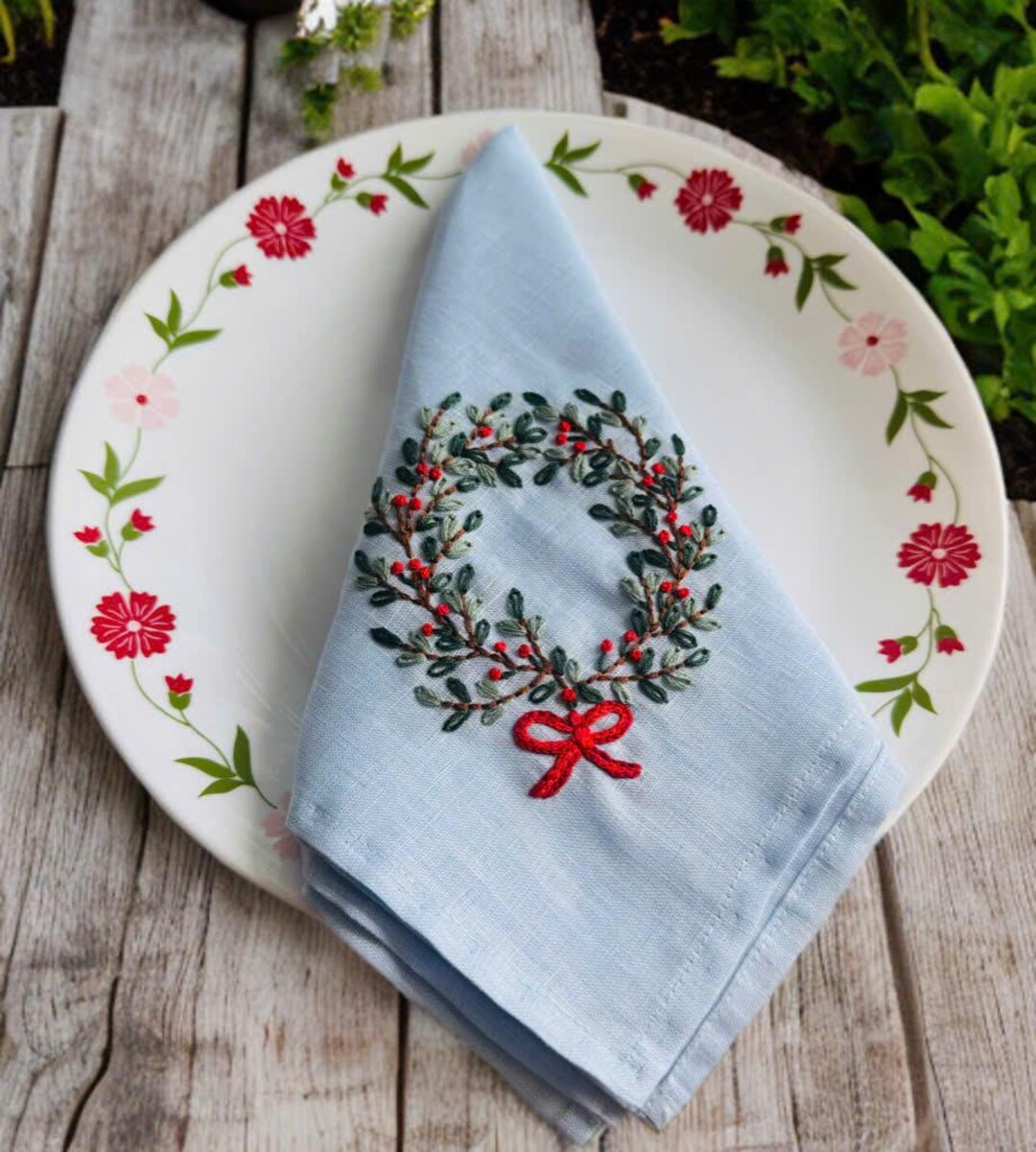 Embroidered Christmas Sky Blue Napkins - Premium Linen Handmade Festive ...