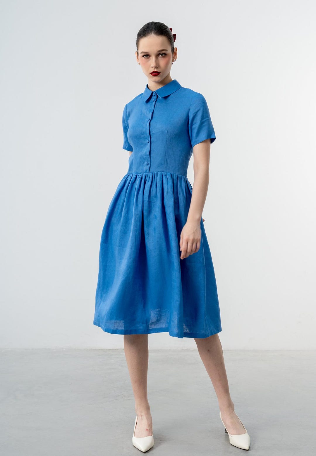 Linen Women's Midi Dress With Short Sleeves, Button Down Robe With ...