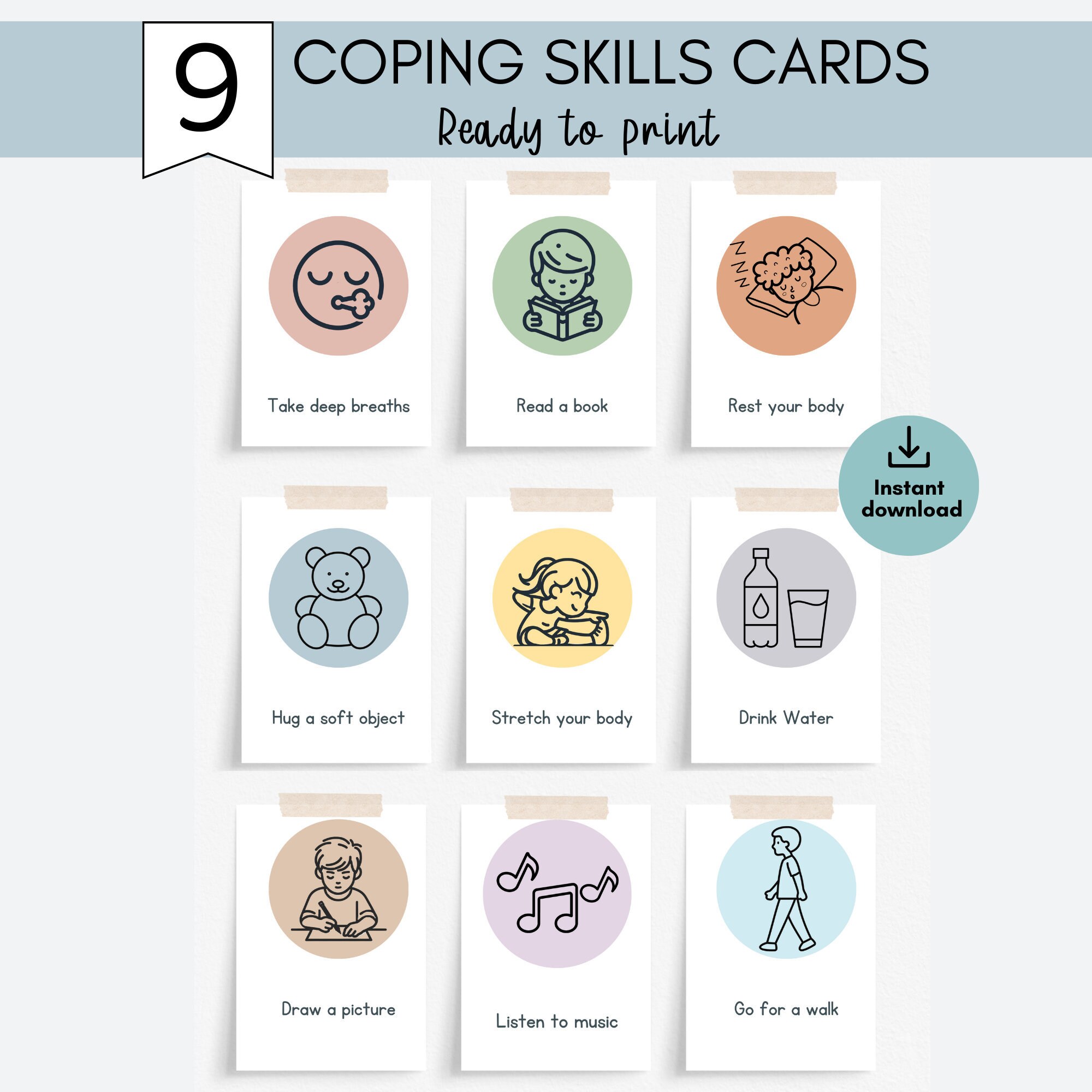 Printable Coping Skills Cards for Kids Set of 9 Illustrated Calming ...