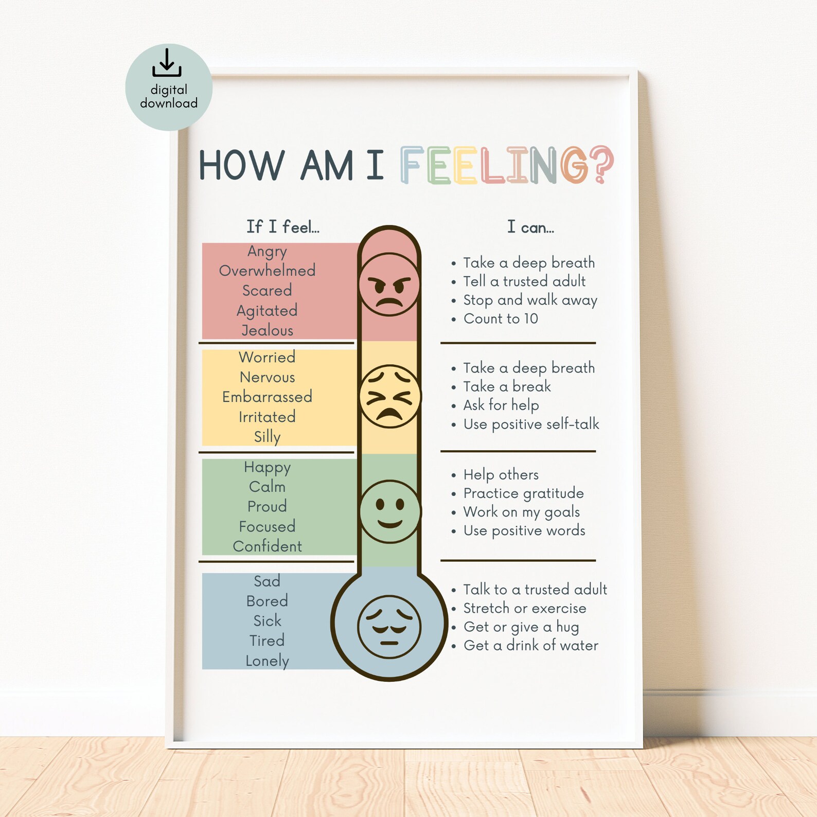 Feelings Chart Thermometer for Calm Down Corner, Printable Emotions ...