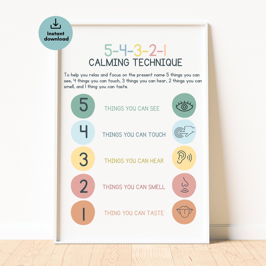 5-4-3-2-1 Calming Technique Poster for Kids, Mindfulness Digital Print ...