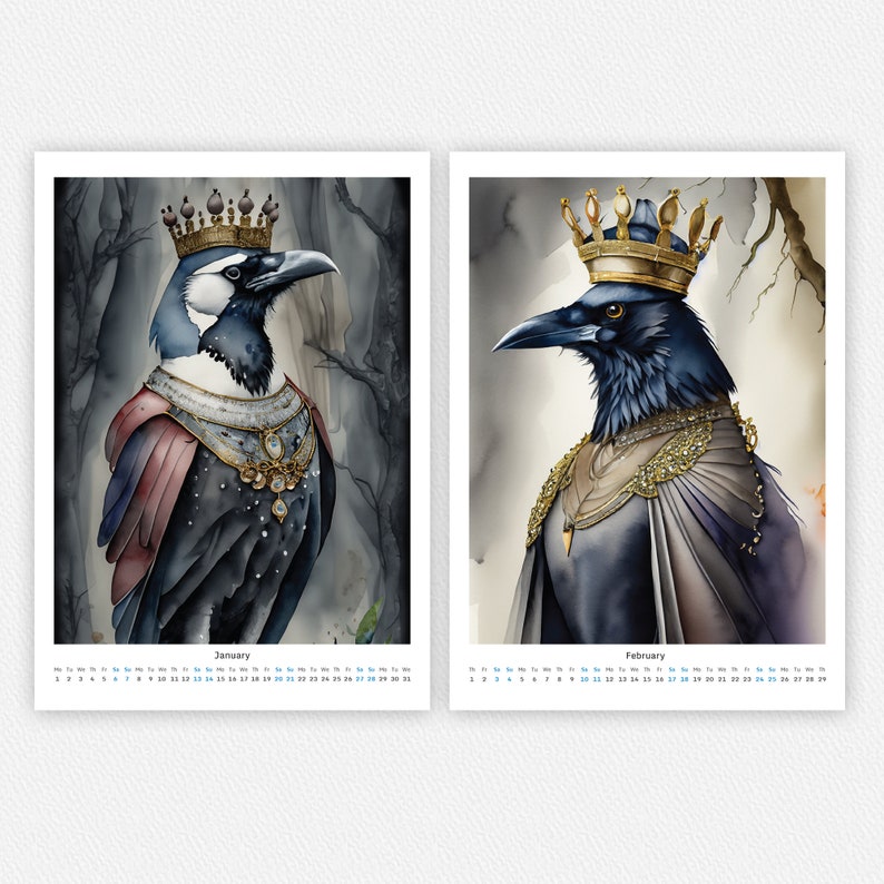 Crow 2024 Monthly Wall Calendar Printable. A4 Size 300 DPI PDF ...