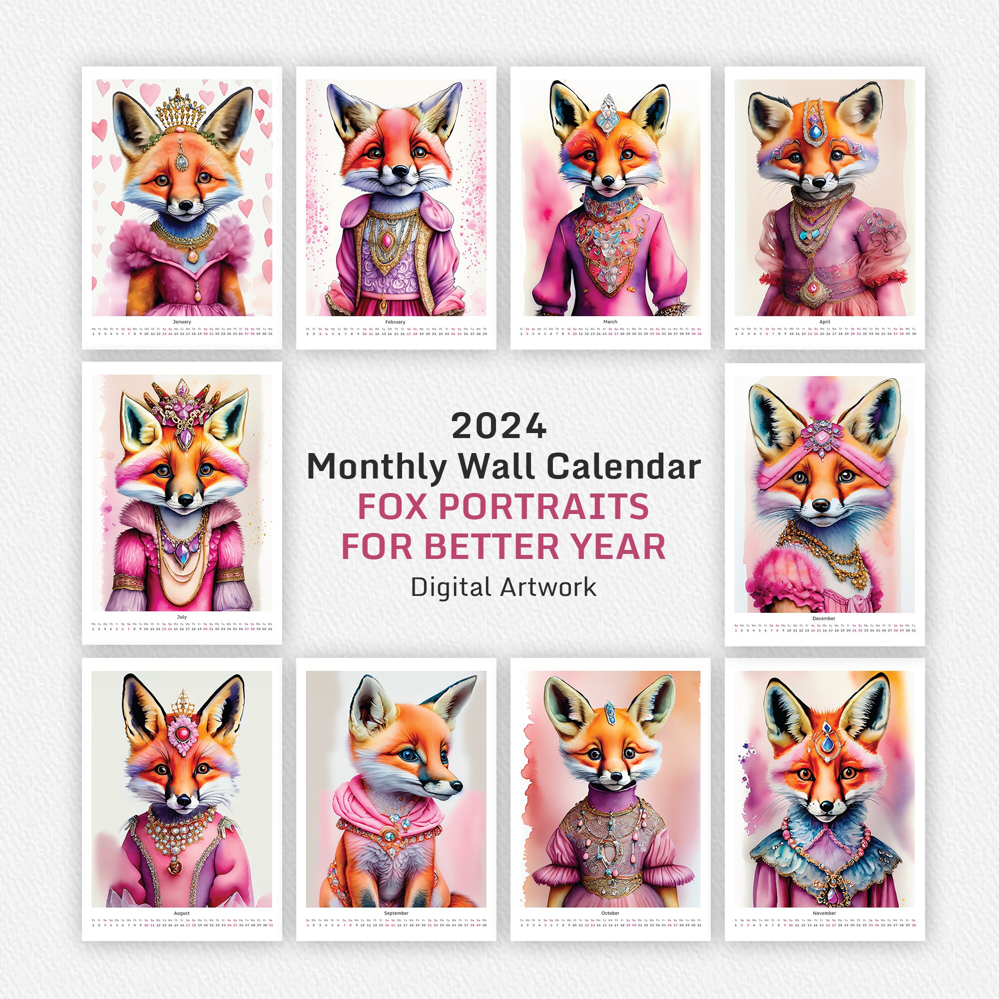 Fox 2024 Monthly Wall Calendar Printable. A4 Size 300 DPI PDF ...
