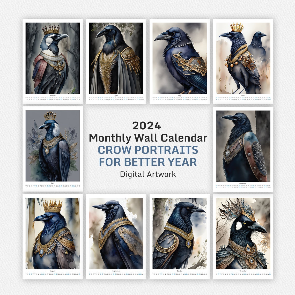 Crow 2024 Monthly Wall Calendar Printable. A4 Size 300 DPI PDF ...