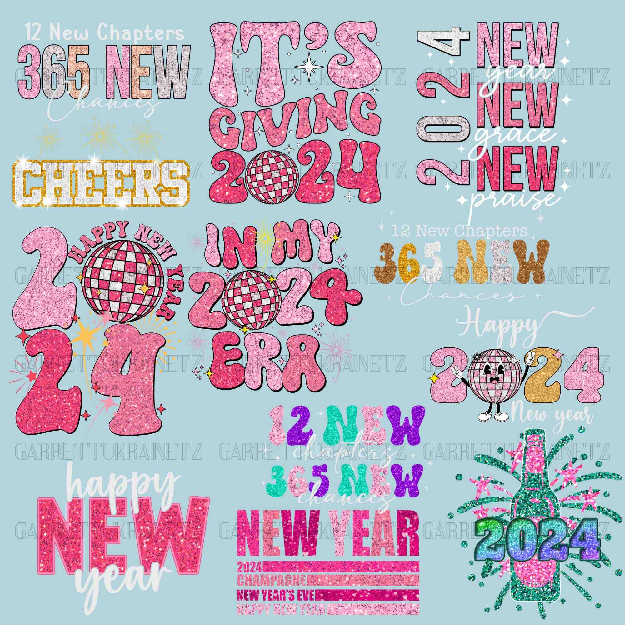 12 Designs Happy New Year Glitter Sequins Png Bundle, Holiday Retro Png ...