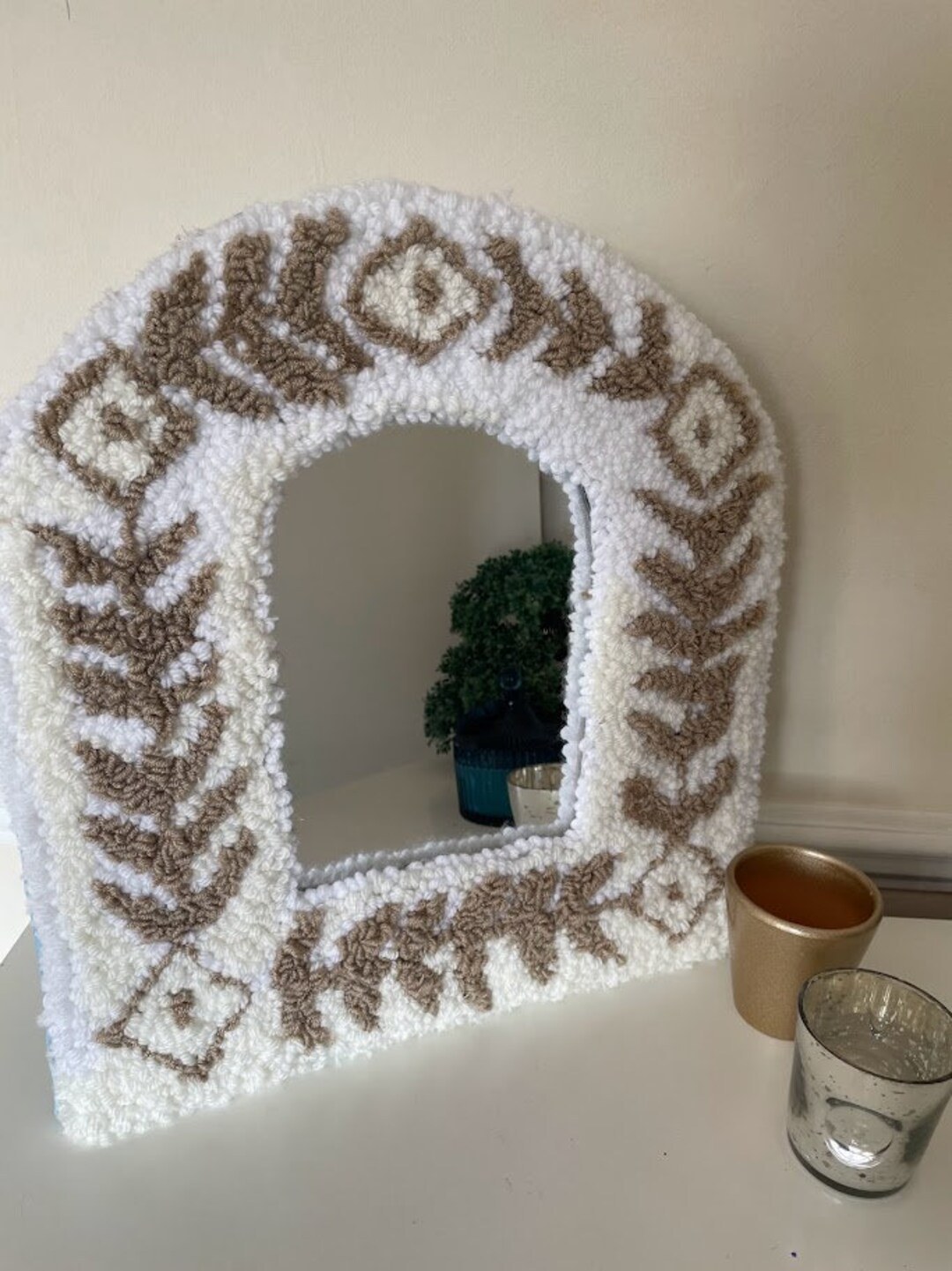 Punch Needle Mirror, Tufted White Wall Mirror, Handmade Boho Mirror ...