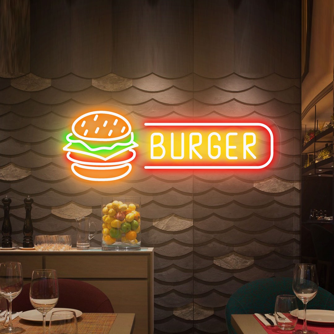 Burger Neon Sign, Burger Open Led Sign, Hamburger Wall Art, Burger Shop ...