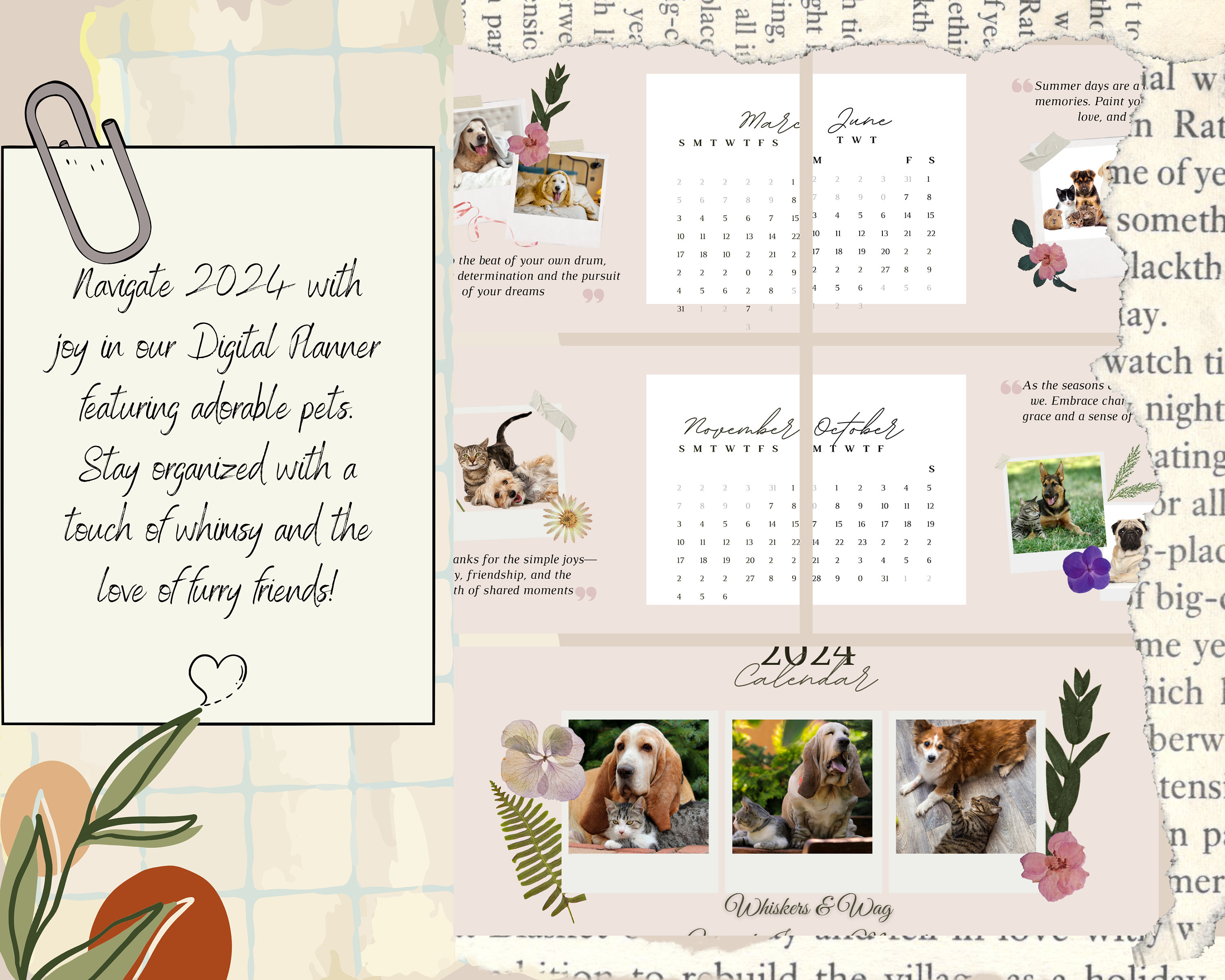 A Printable Pet 2024 Calendar, Animal Lovers Gift Calendar, 2024 Pet ...