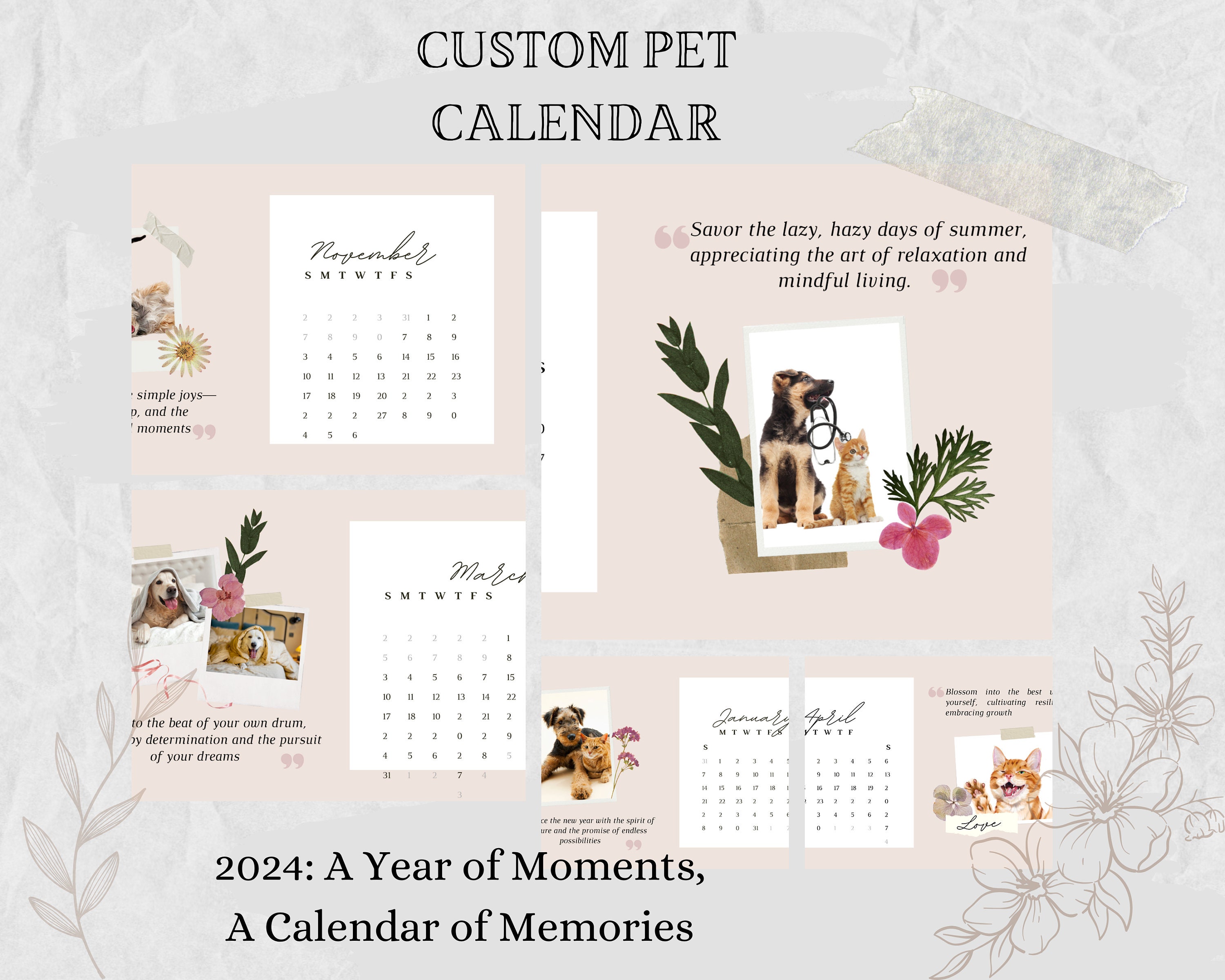 A Printable Pet 2024 Calendar, Animal Lovers Gift Calendar, 2024 Pet ...