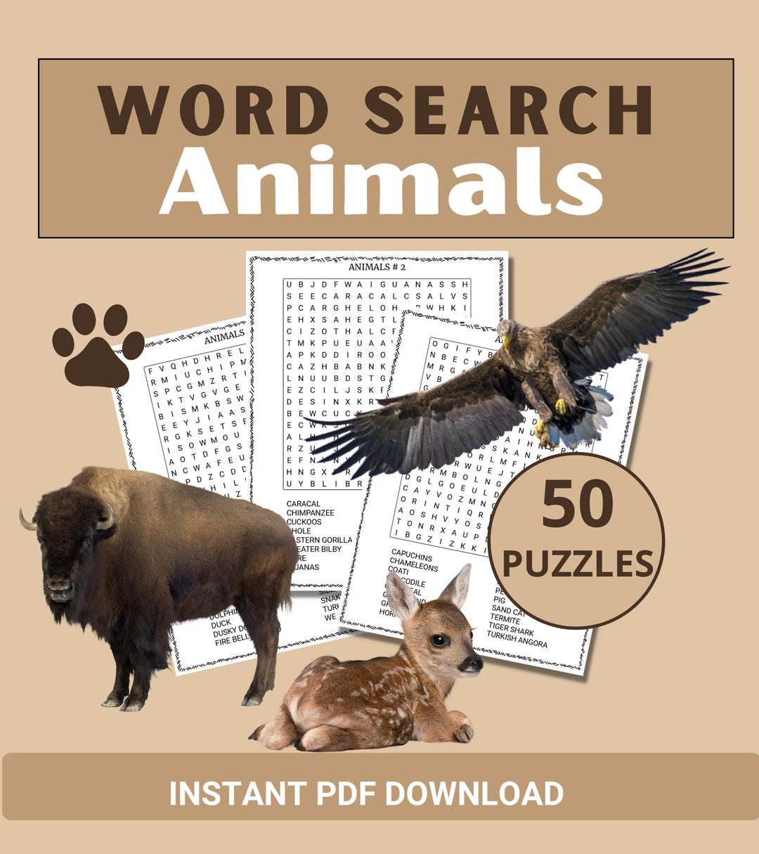 50 Print Word Search Puzzles on the Animals| Large Print | Adults ...