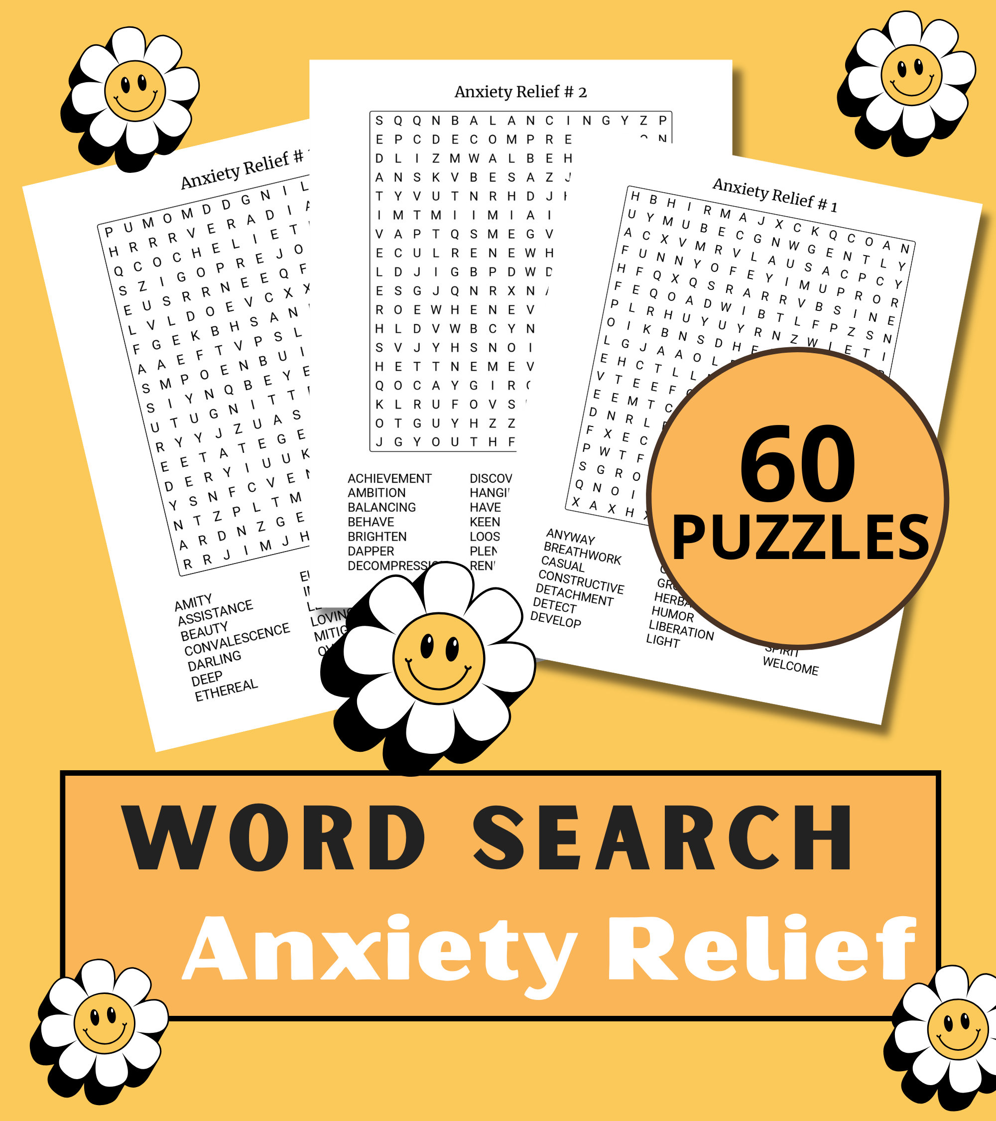 60 Print Word Search Puzzles on Anxiety Relief Adults Seniors Large ...