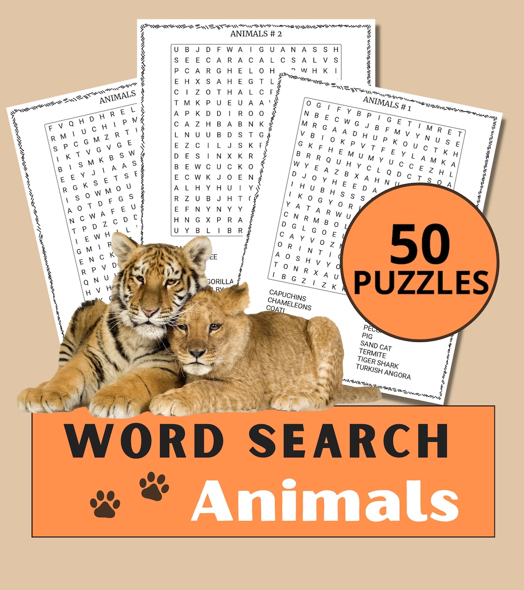 50 Print Word Search Puzzles on the Animals Large Print Adults Seniors ...
