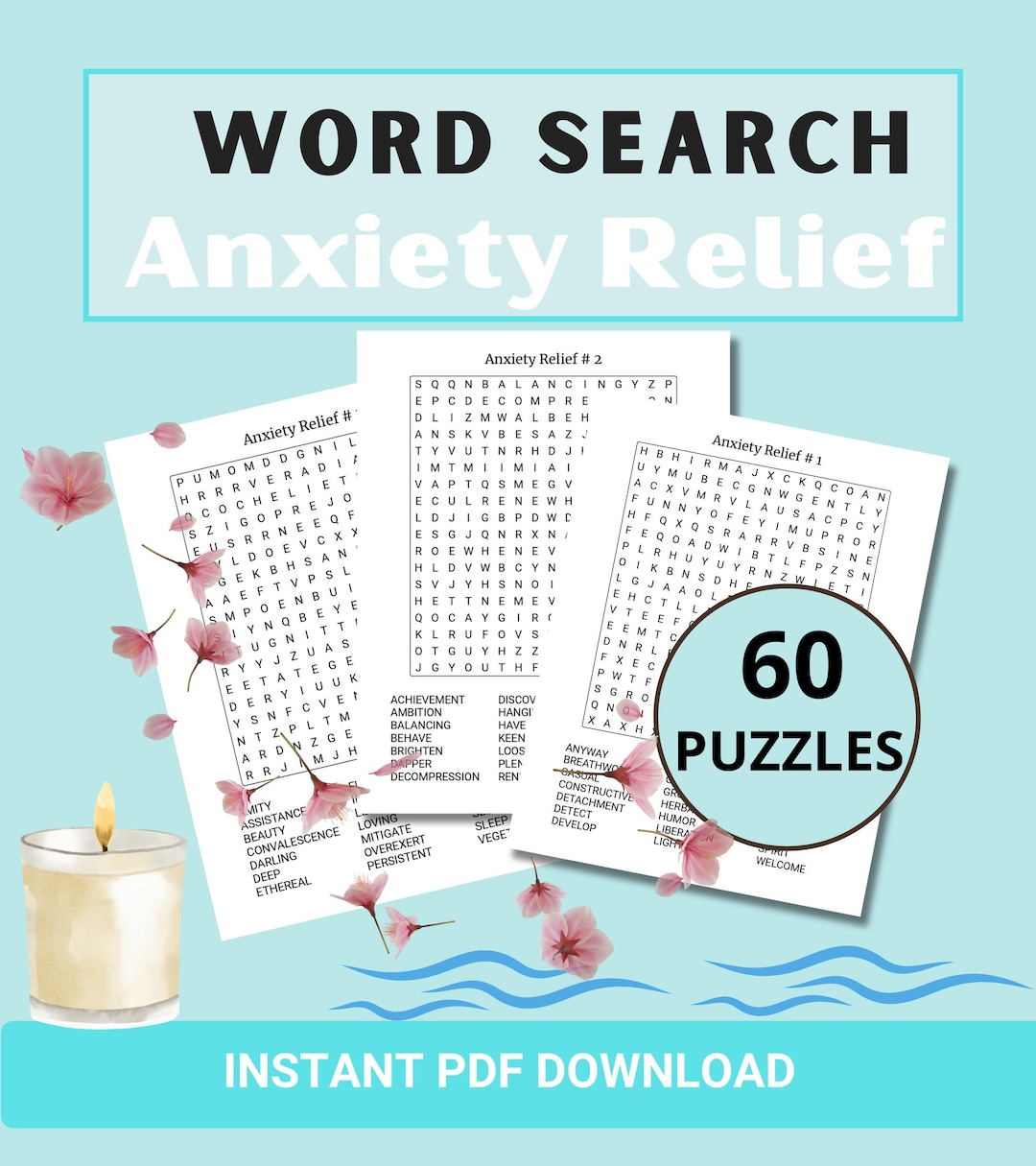 60 Print Word Search Puzzles on Anxiety Relief | Adults Seniors | Large ...