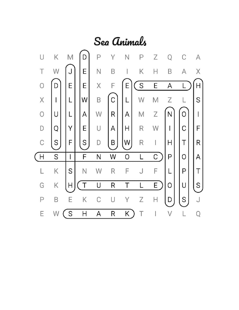 SEA ANIMALS Word Search Puzzle – Printable PDF for Kids 6/7 Years Old ...