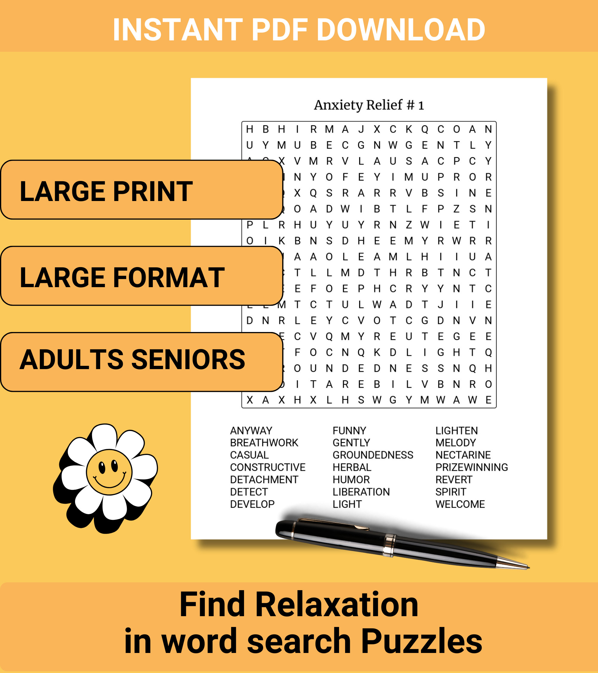 60 Print Word Search Puzzles on Anxiety Relief Adults Seniors Large ...