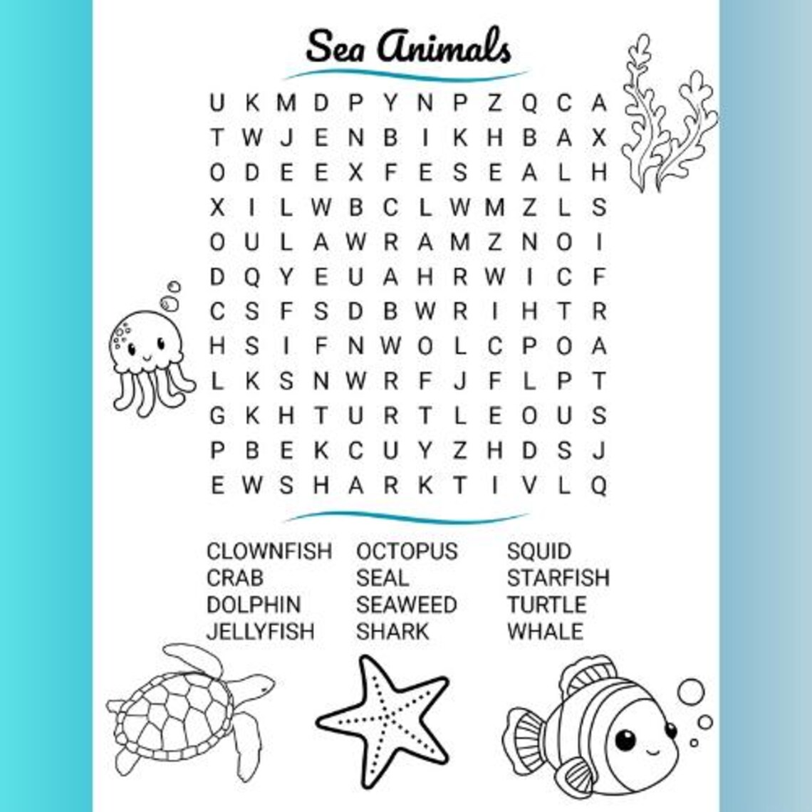 SEA ANIMALS Word Search Puzzle – Printable PDF for Kids 6/7 Years Old ...