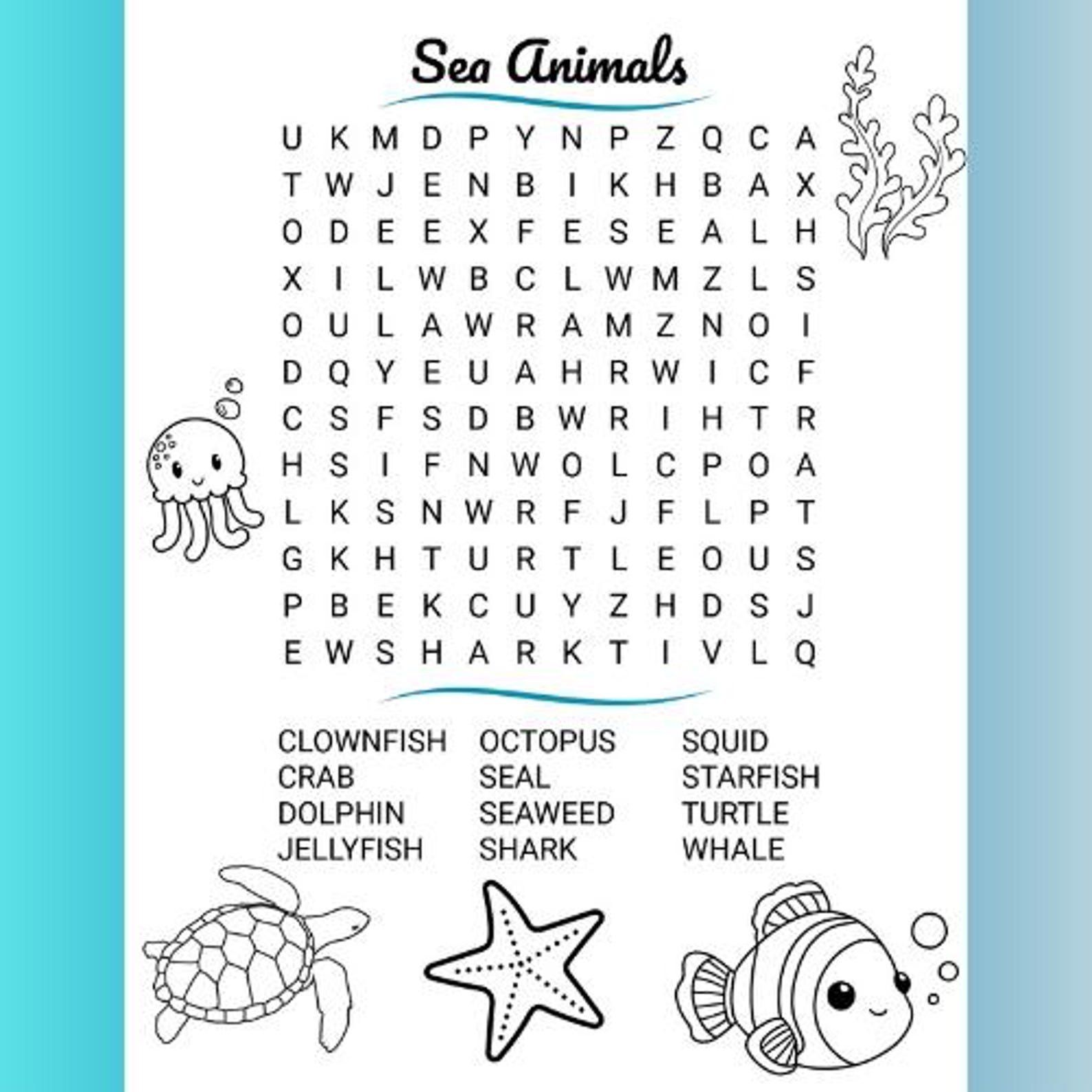 SEA ANIMALS Word Search Puzzle – Printable PDF for Kids 6/7 Years Old ...