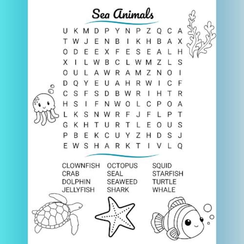 SEA ANIMALS Word Search Puzzle – Printable PDF for Kids 6/7 Years Old ...