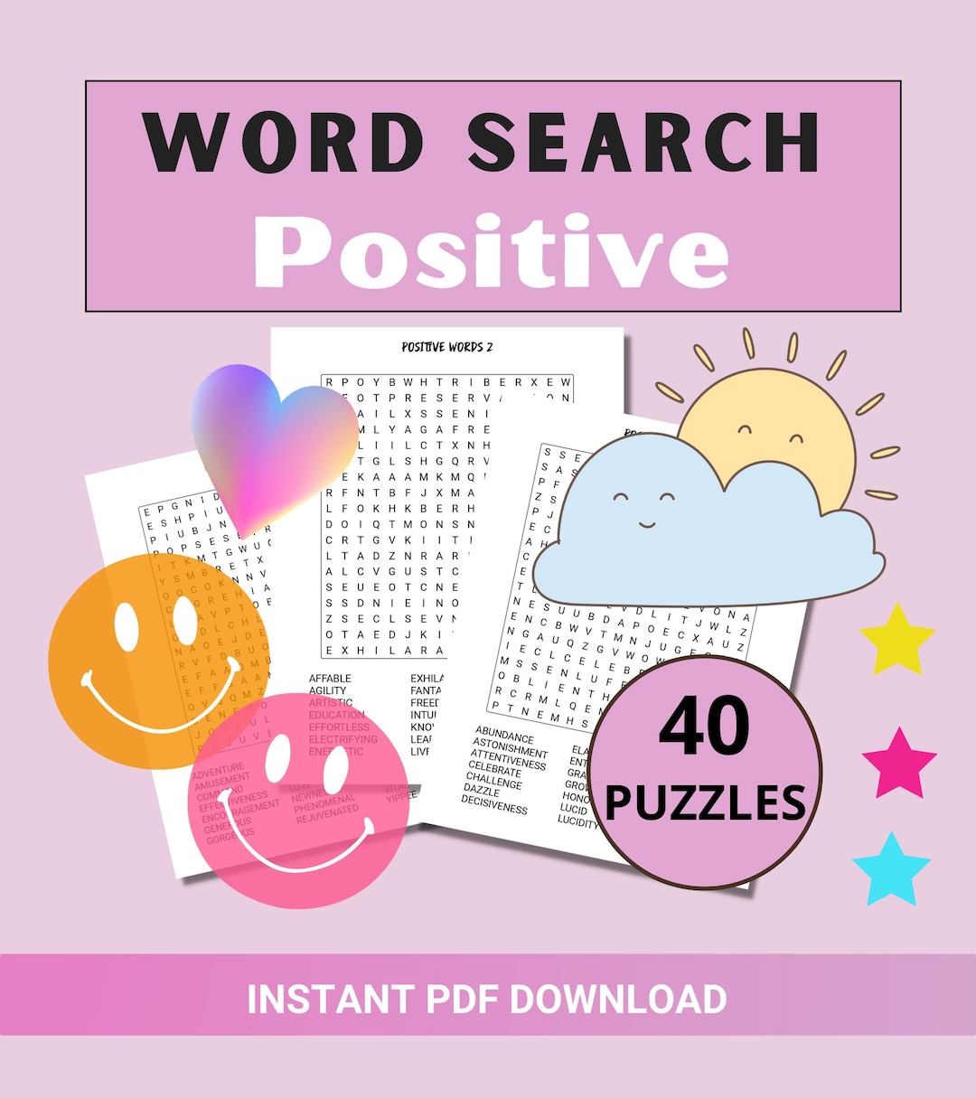 40 Adult Word Search Puzzles | Printable Positive Words for Mindfulness ...