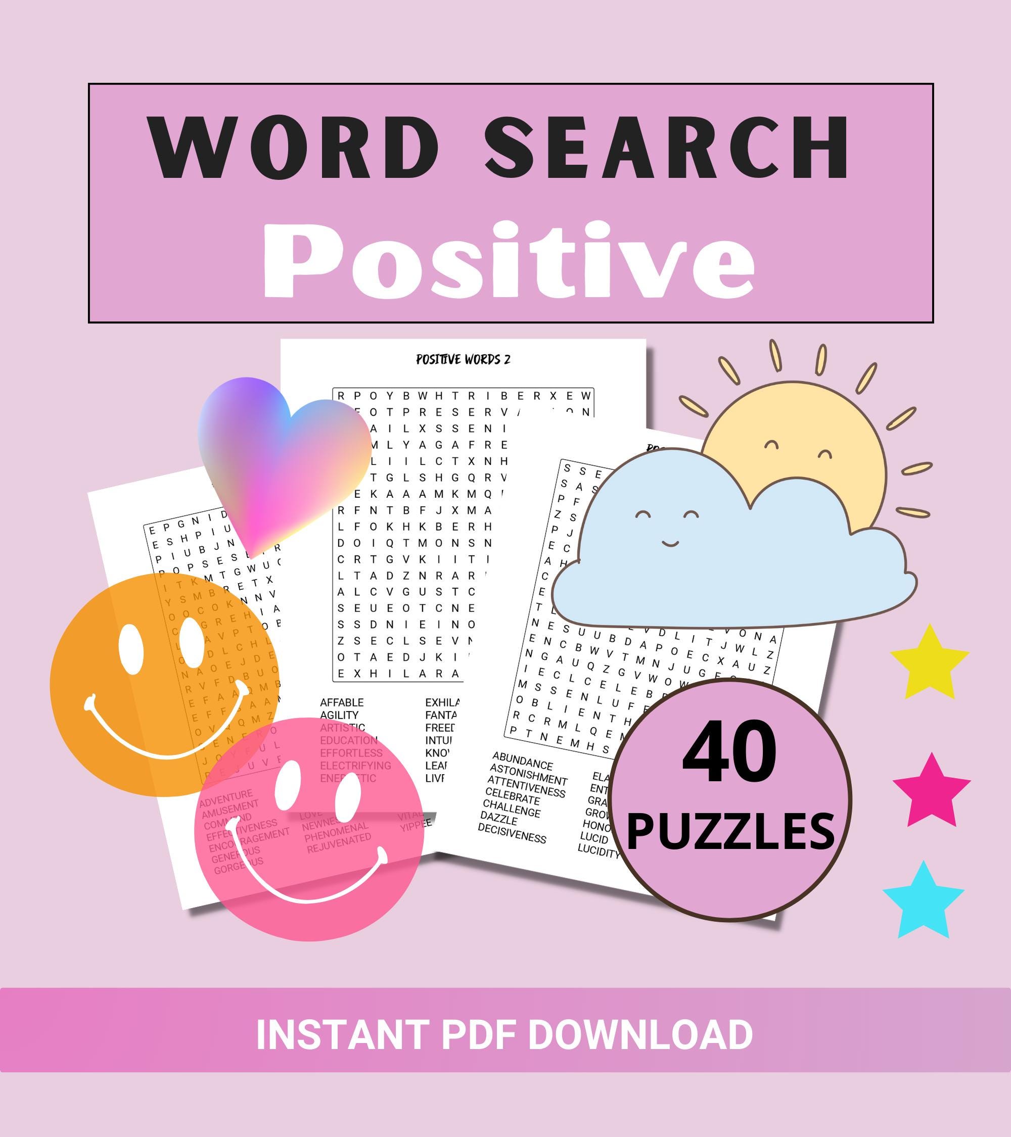 40 Adult Word Search Puzzles | Printable Positive Words for Mindfulness ...