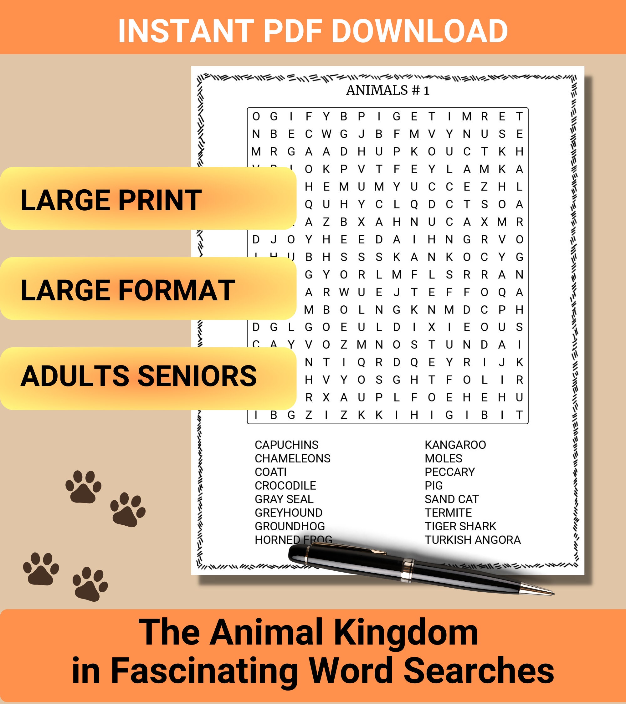 50 Print Word Search Puzzles on the Animals Large Print - Etsy Australia