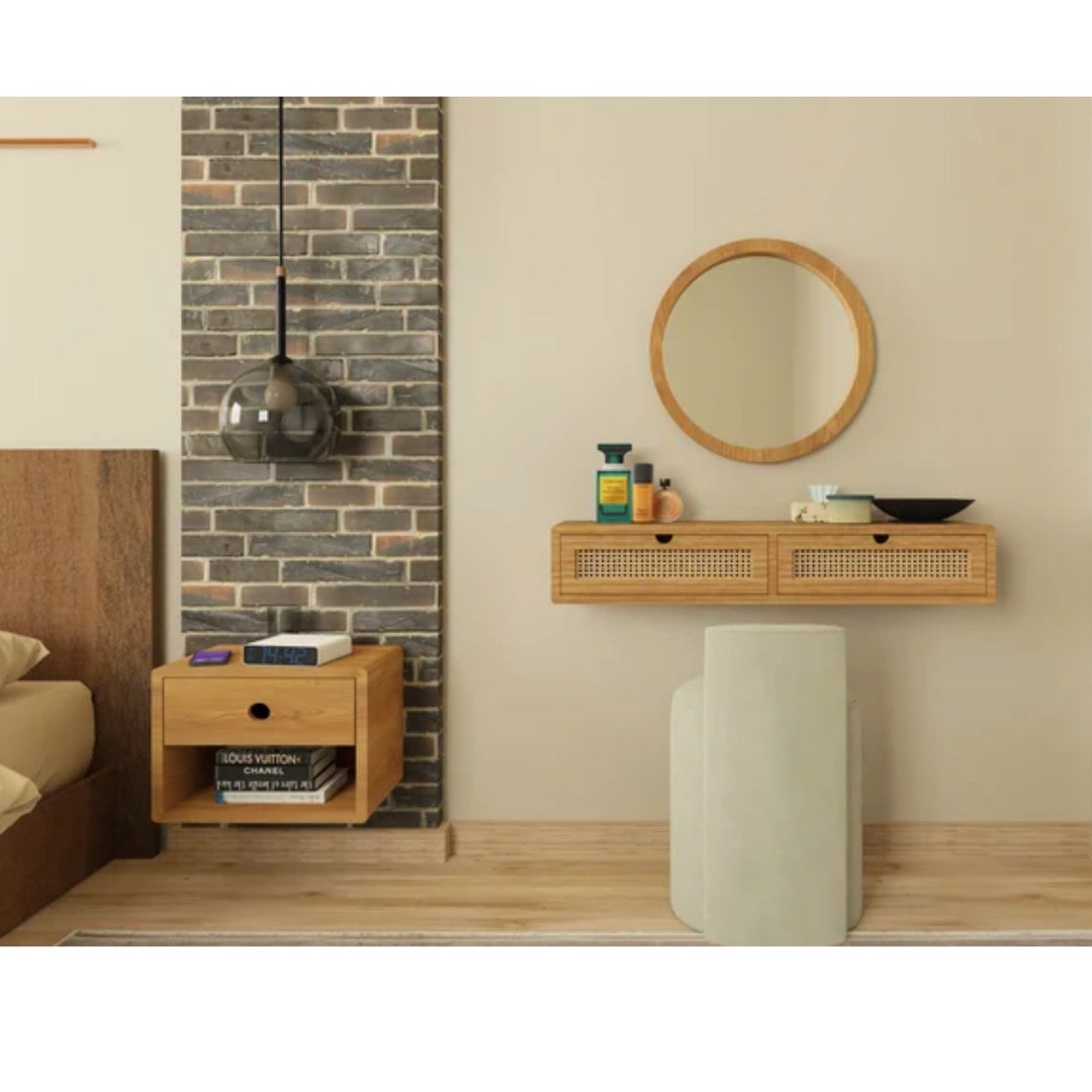 Floating Makeup Table With Two Rattan Drawers, Rattan Makeup Organizer ...