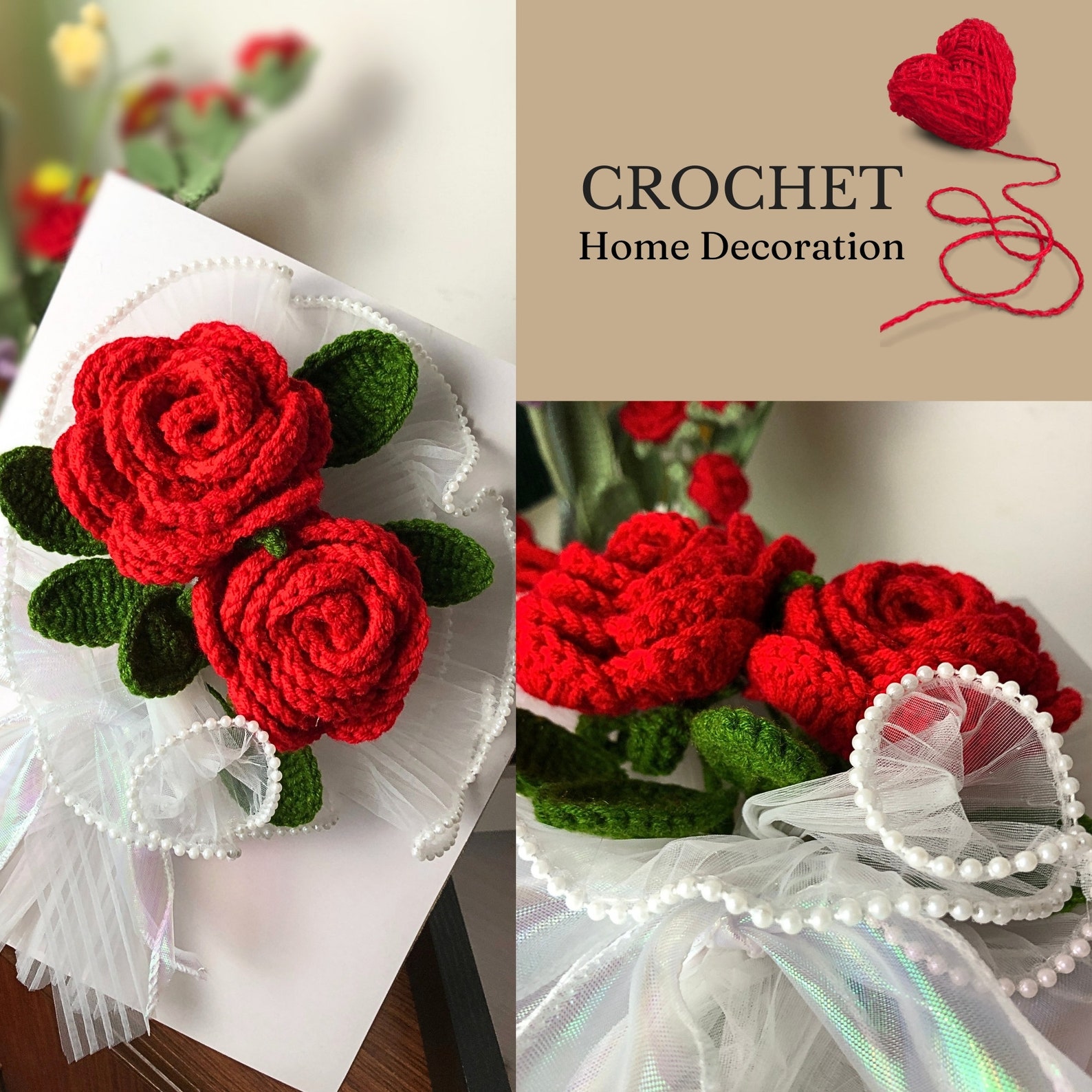 Crochet Flower Bouquet Photo Frame,handmade Knit Black Picture Frame ...