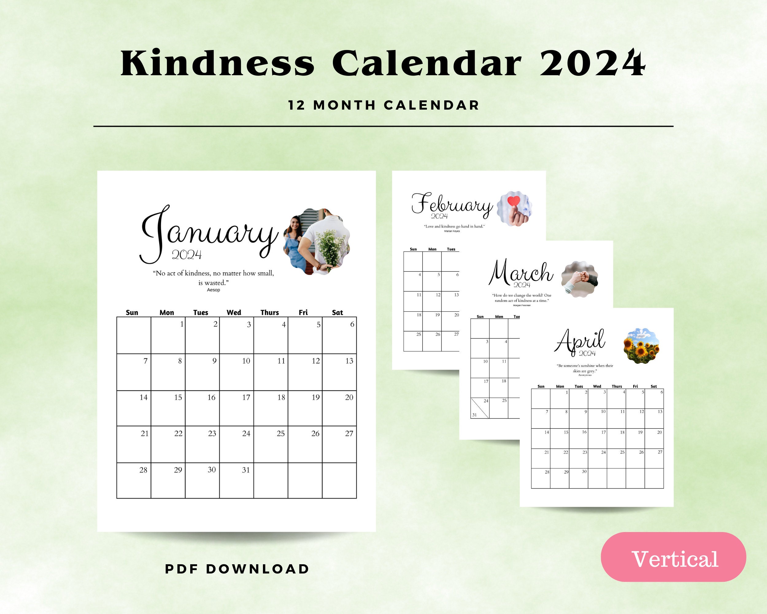 2024 Printable Calendar, Kindness Theme, Vertical and Horizontal ...