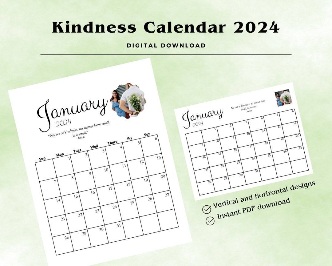 2024 Printable Calendar, Kindness Theme, Vertical and Horizontal ...